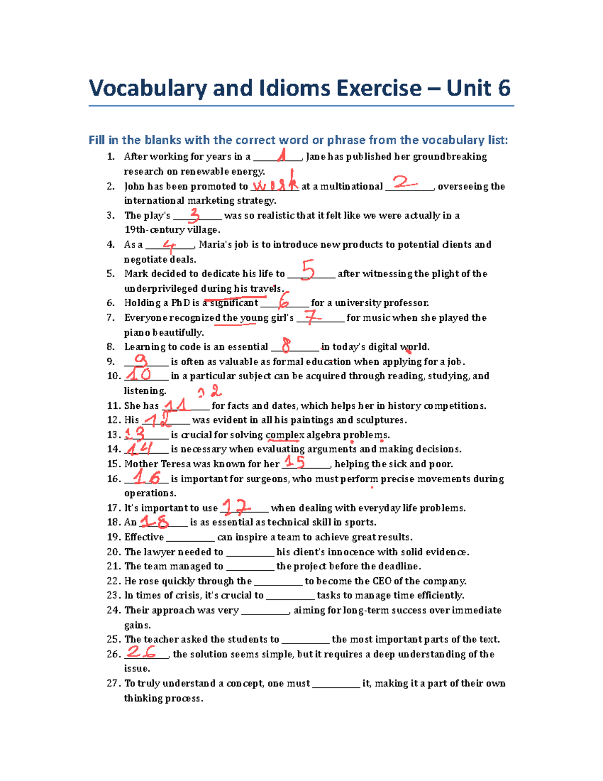 Vocabulary Exercise English B2.5 – Idioms & Words Unit 6 - Studocu
