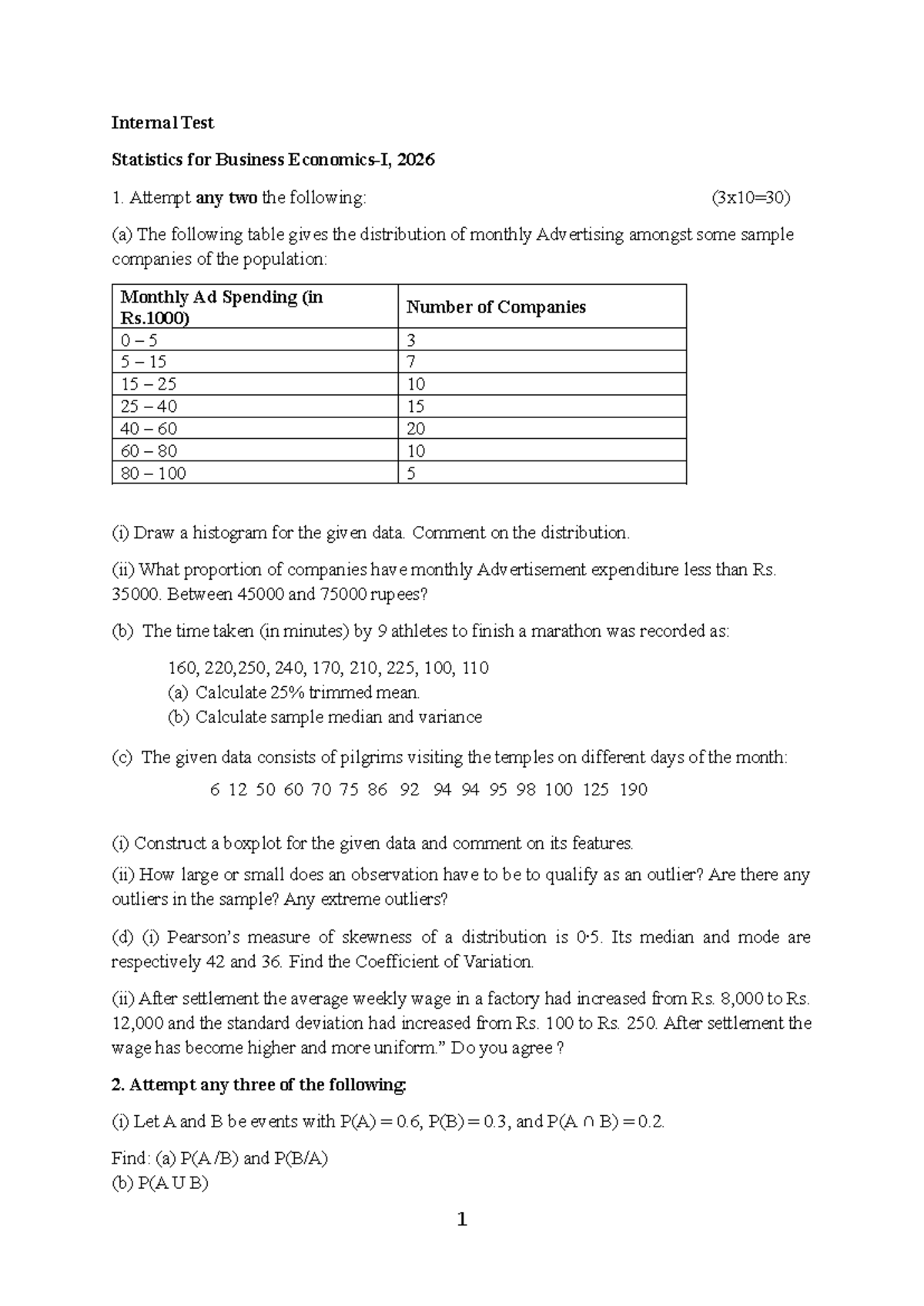 Internal Test Statistics I 2026: Analysis and Probability Exercises ...