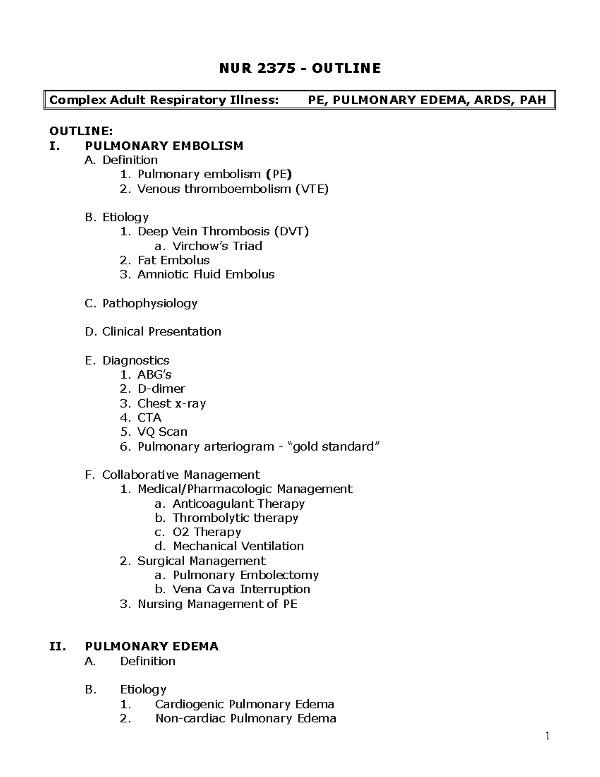 NUR 2375 OUTLINE: Complex Adult Respiratory Illnesses - Fall 2022 - Studocu