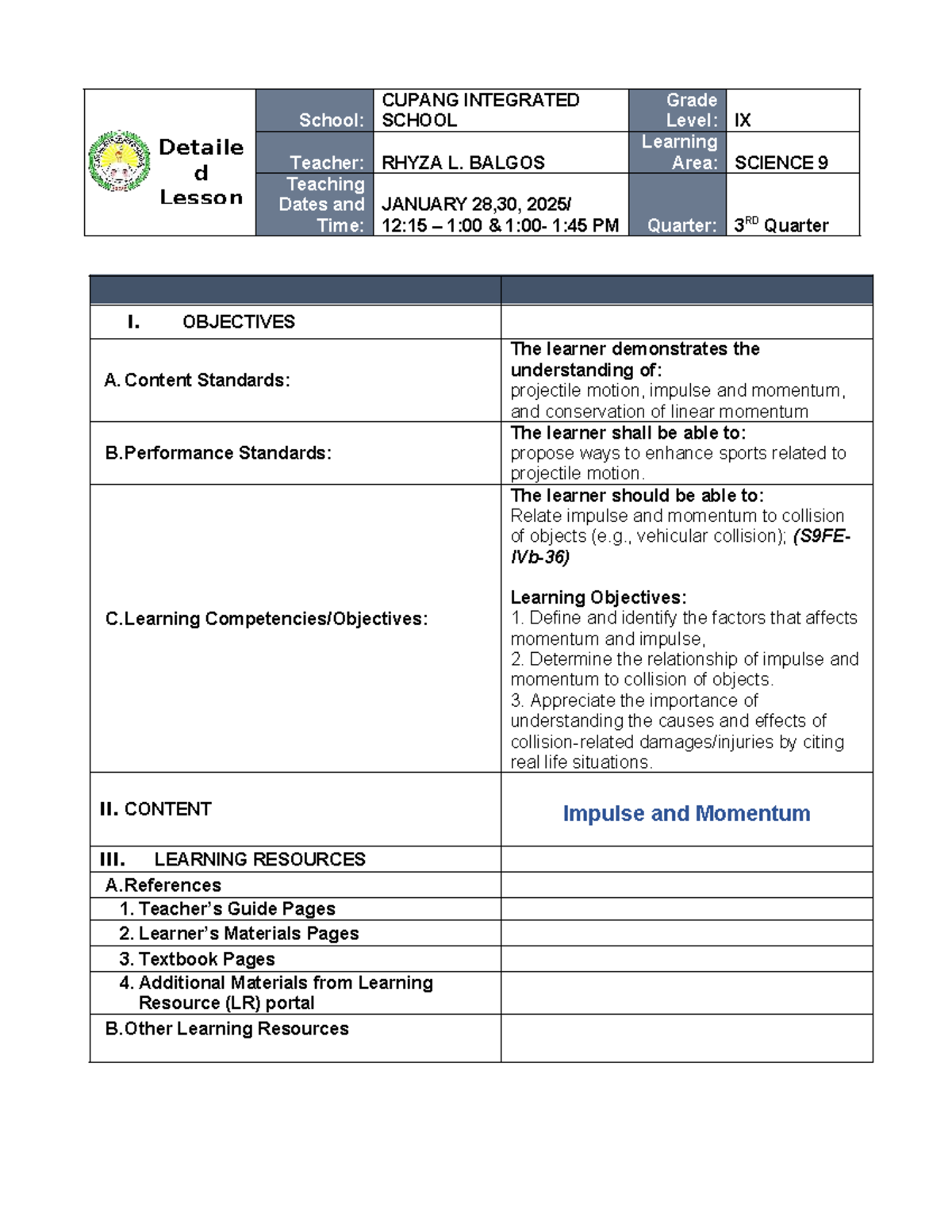 CUPANG INTEGRATED SCHOOL: SCIENCE 9 Lesson Plan on Impulse & Momentum ...
