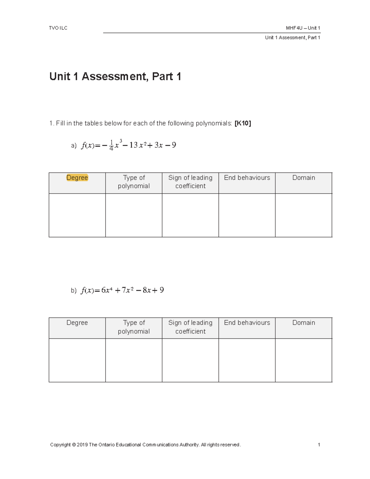 MHF4U Unit 1 Assessment Part 1: Polynomial Functions & Properties - Studocu