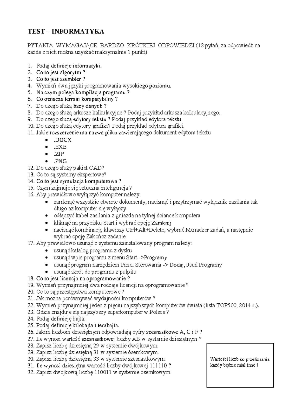 Pytania i odpowiedzi do Testu z Informatyki - Informatyka 101 - Studocu