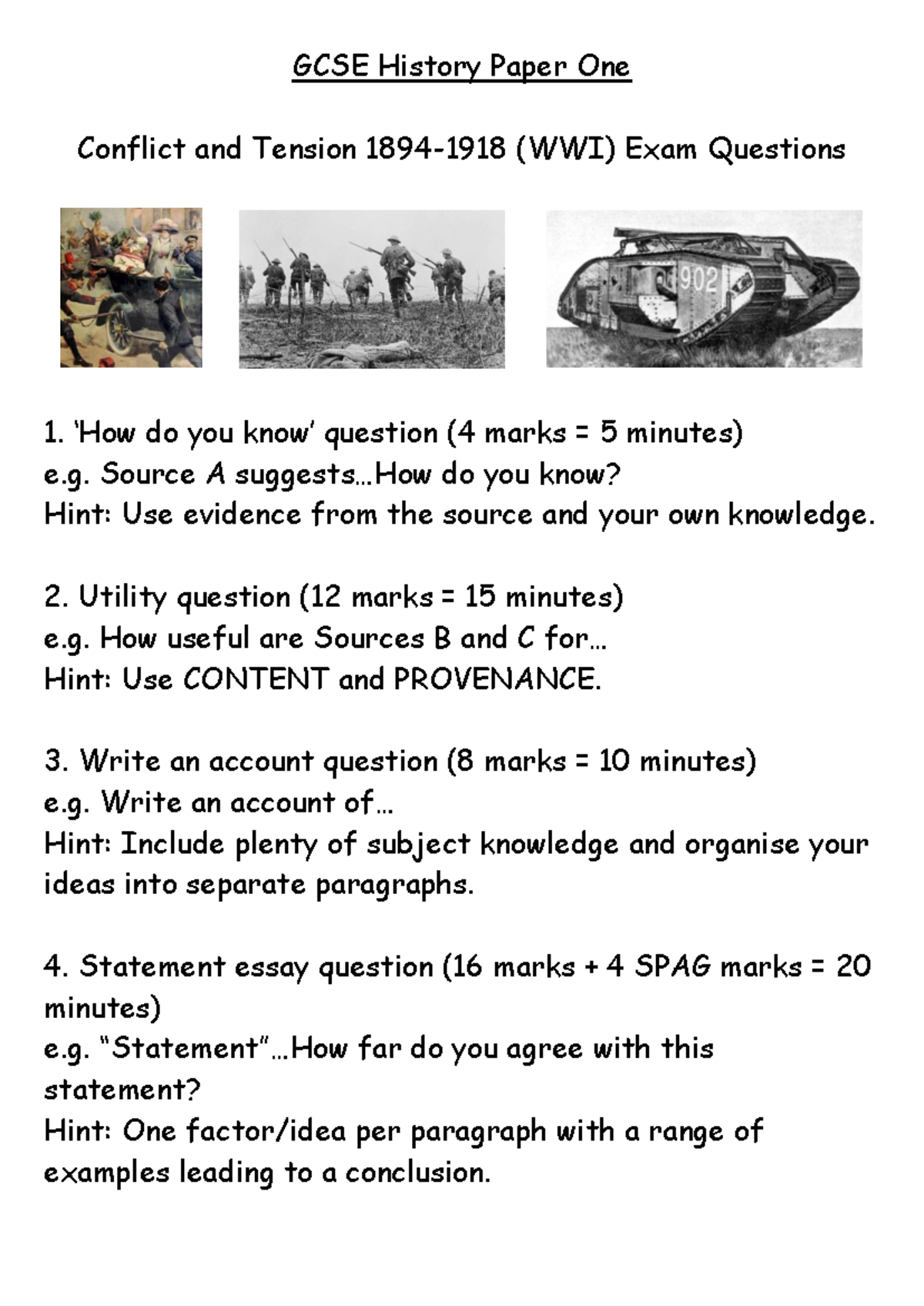 GCSE History WWI Exam Questions: Paper One Review and Guidance - Studocu