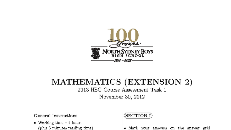 2013 HSC Mathematics (Extension 2) Assessment Task 1 Solutions - Studocu