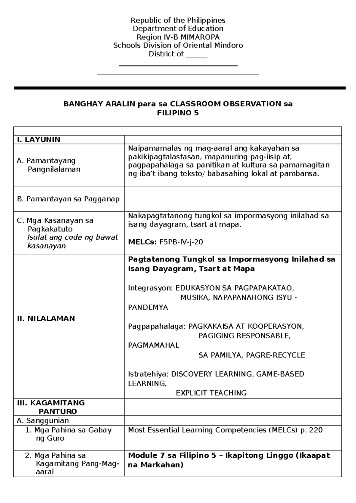 CO- Lesson-PLAN- Filipino 5 - Dayagram, Tsart at Mapa sa Aralin - Studocu