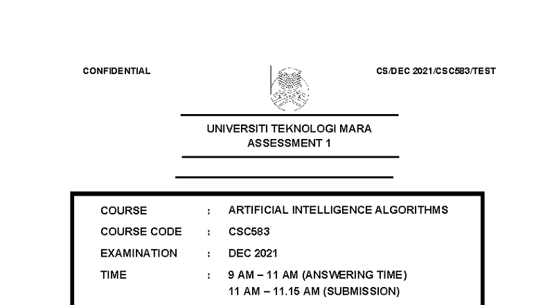 CSC583 - AI Algorithms Assessment 1: Exam Instructions & Questions ...