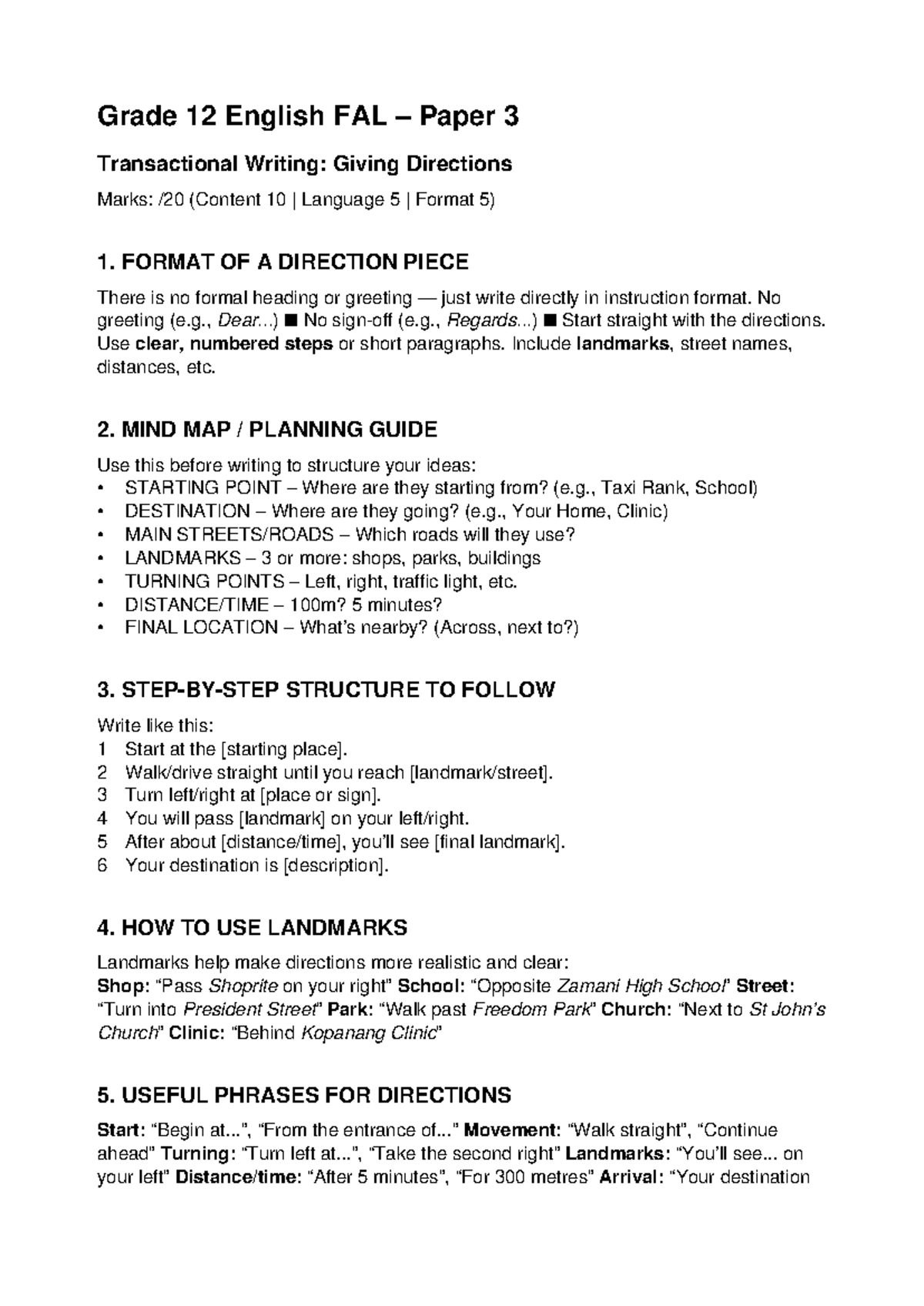 Grade 12 English FAL Paper 3: Directions Writing Guide - Studocu