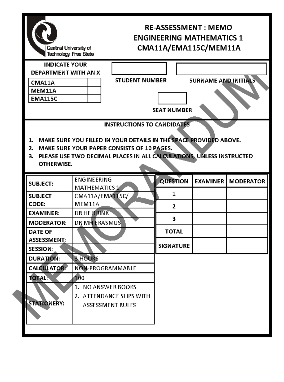 CMA11A/EMA115C/MEM11A Engineering Mathematics 1 Re-Assessment - Studocu