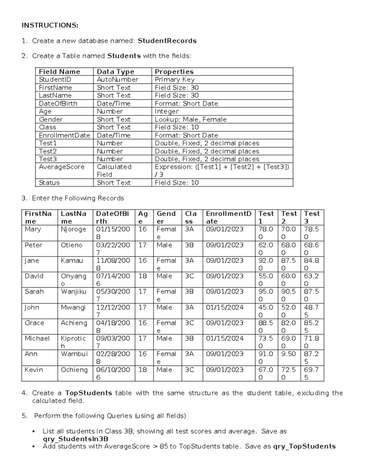 Access Practical Exercise: StudentRecords Database Setup & Queries ...