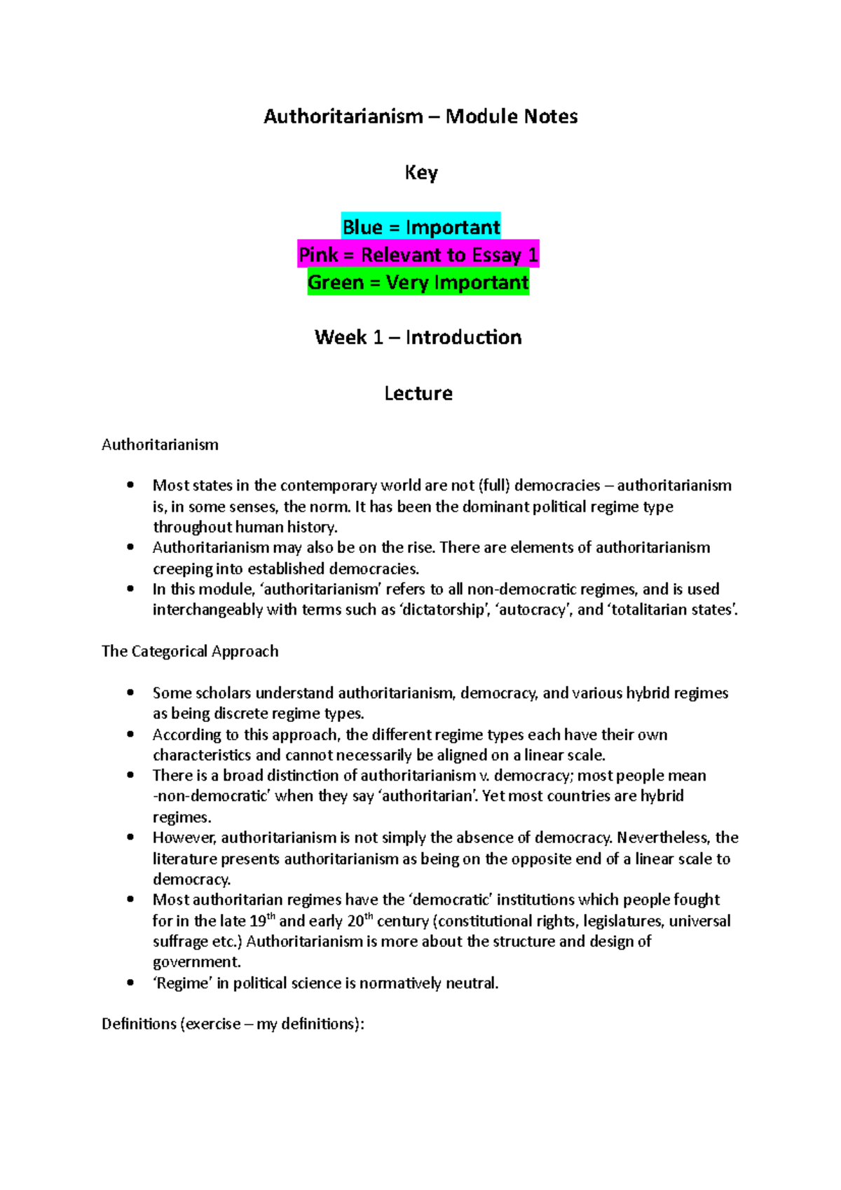 Authoritarianism - Lecture notes 1-3 - Authoritarianism – Module Notes ...