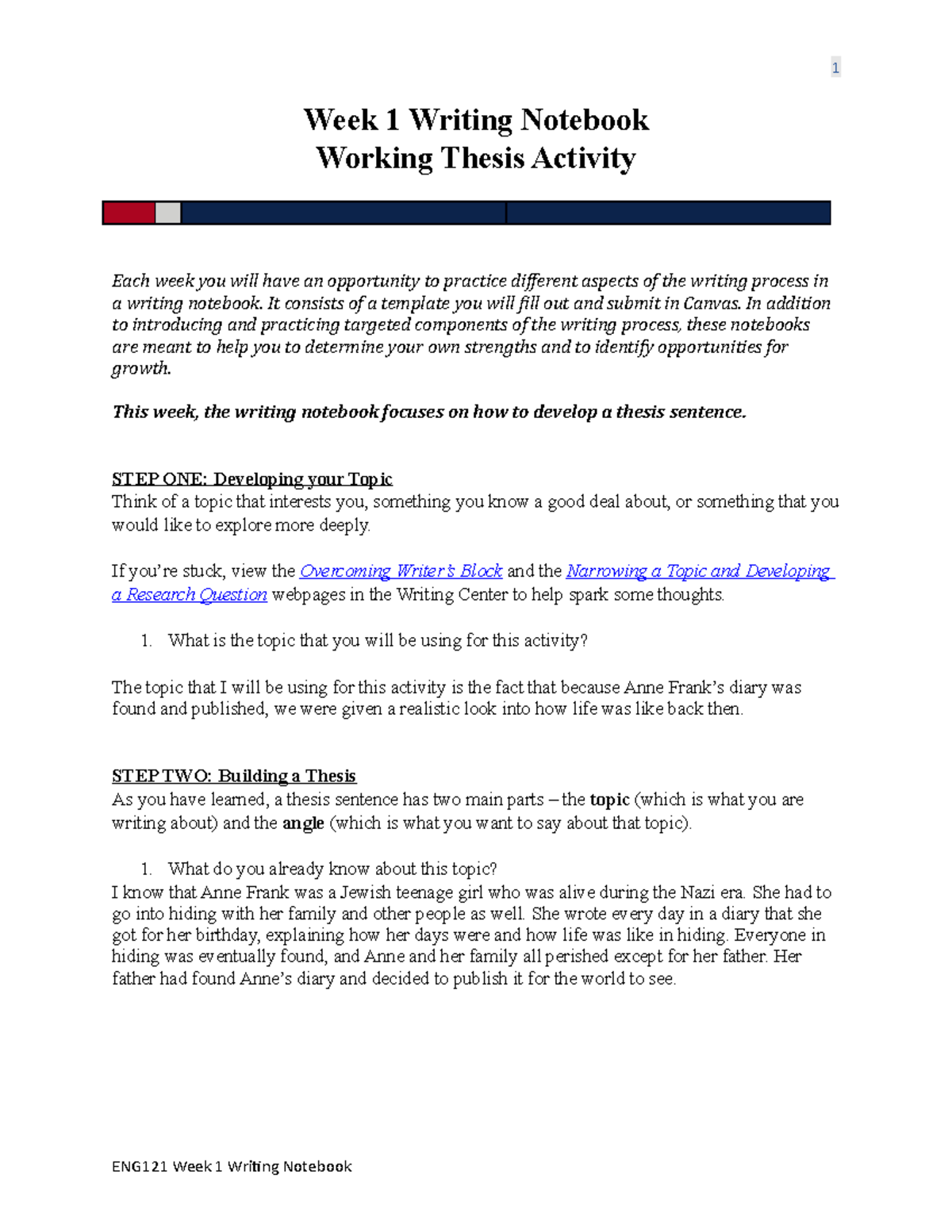 ENG121 Week 1: Thesis Development Writing Notebook Activities - Studocu