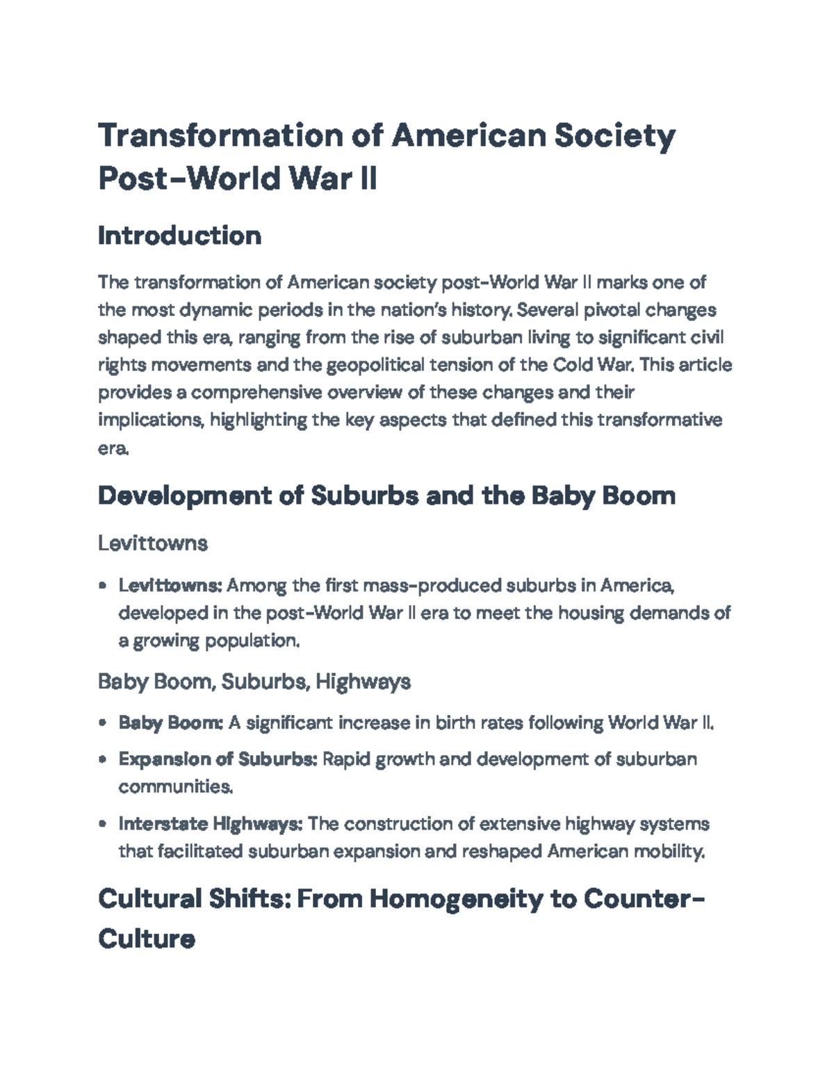 Transformation of American Society: Post-WWII Changes and Impacts ...