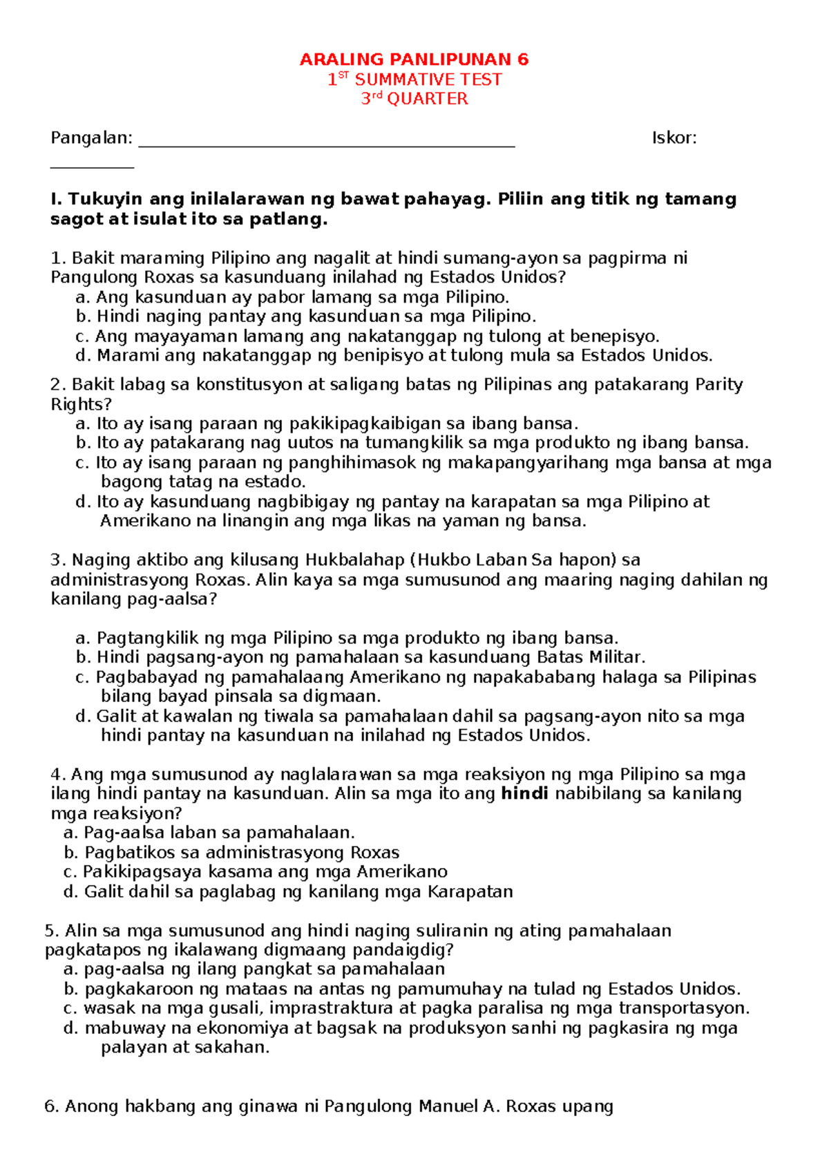 ARALING PANLIPUNAN 6 1ST SUMMATIVE TEST 3rd QUARTER - Studocu