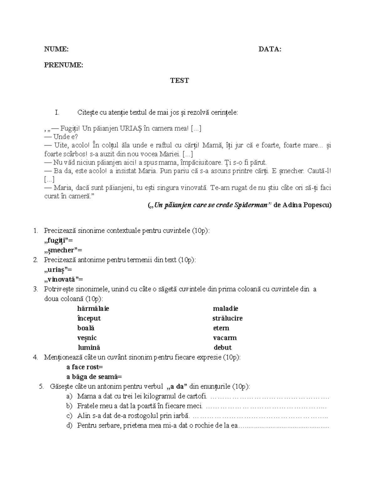 NUME: TEST I - Vocabular și Propoziții Clasa a 5-a - Studocu