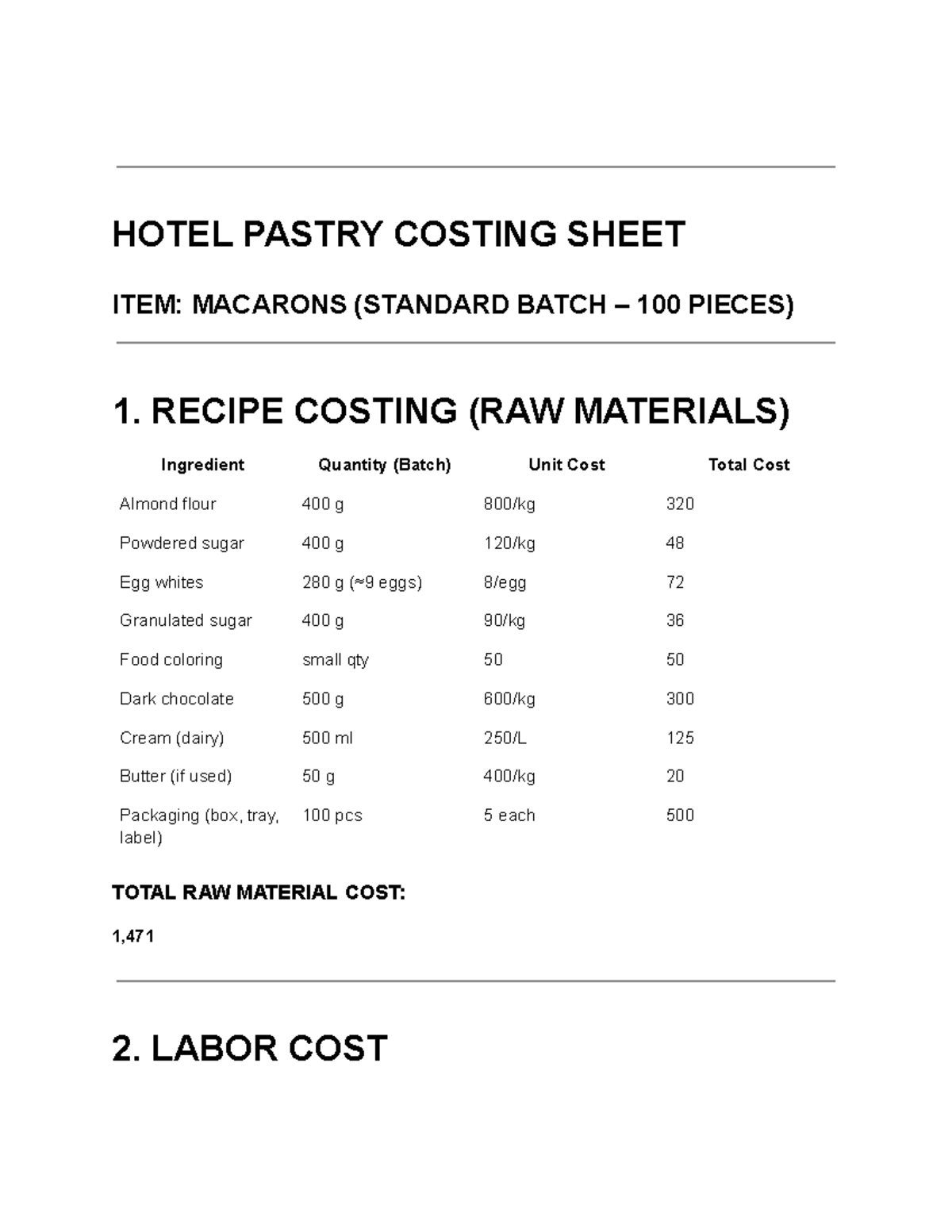 HM241 Hotel Pastry Cost Control: Macarons Costing Sheet - Studocu