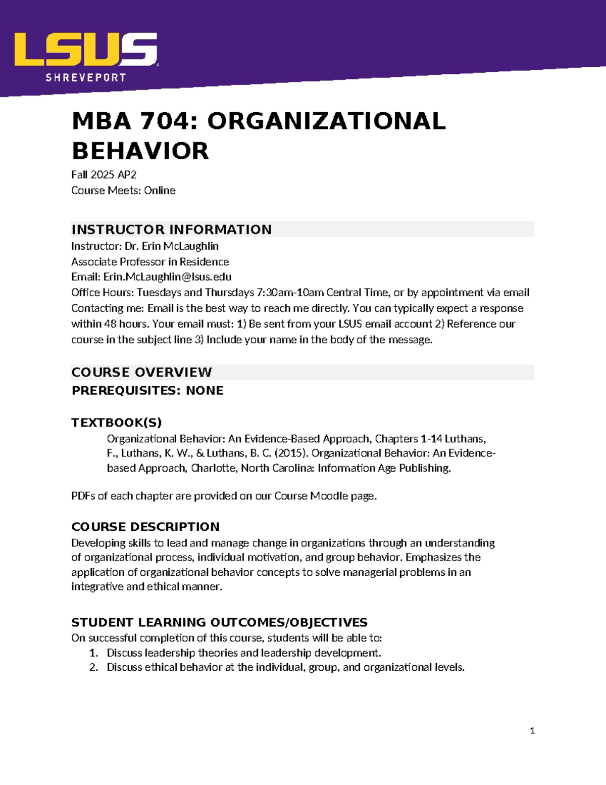 MBA 704: Organizational Behavior Syllabus - Fall 2025 AP2 - Studocu
