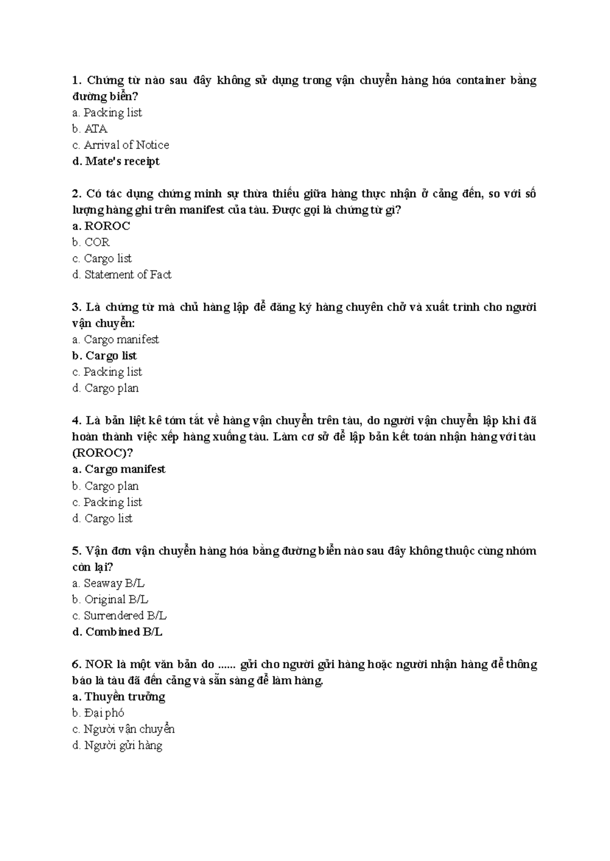 Trắc nghiệm GNHH&KBHQ - Ôn tập kiến thức vận chuyển hàng hóa - Studocu