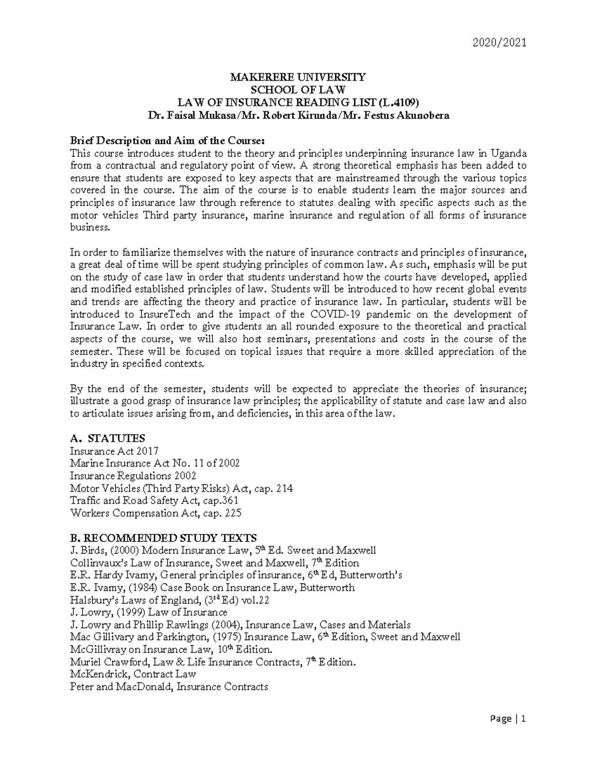 LAW OF INSURANCE READING LIST (L) - Updated February 2021 - Studocu