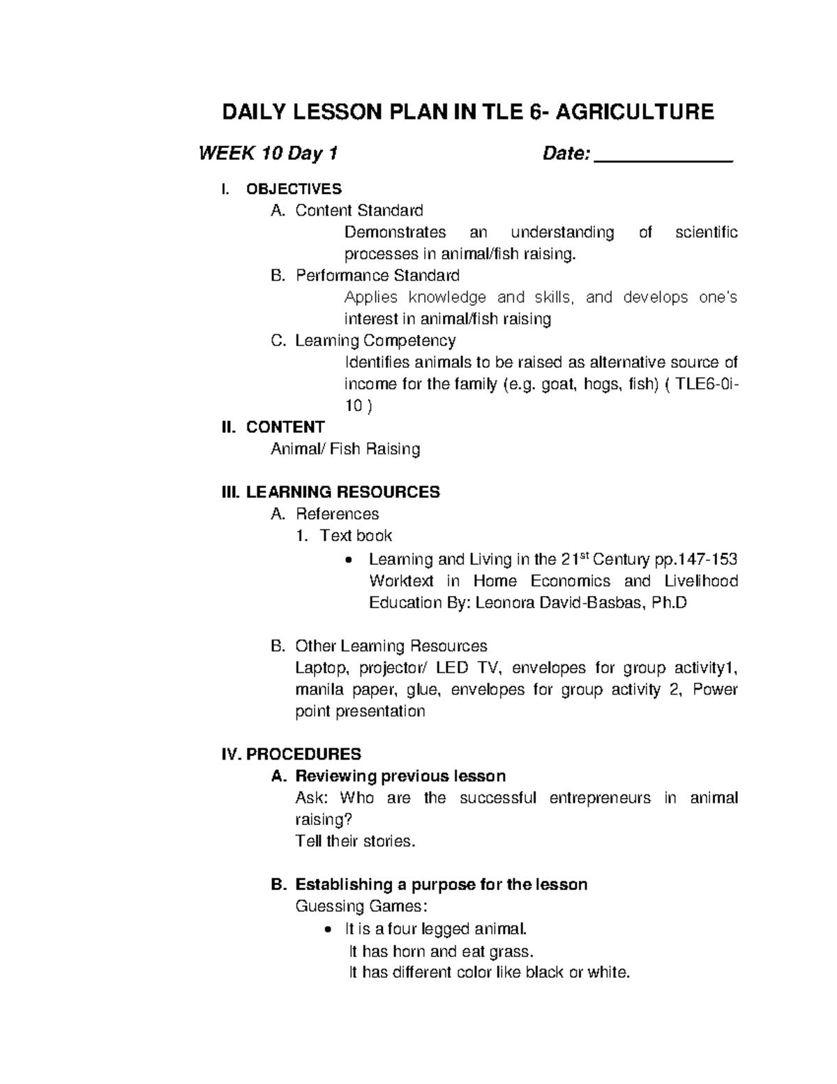 DAILY LESSON PLAN IN TLE6 AGRICULTURE WEEK 10: ANIMAL RAISING ...