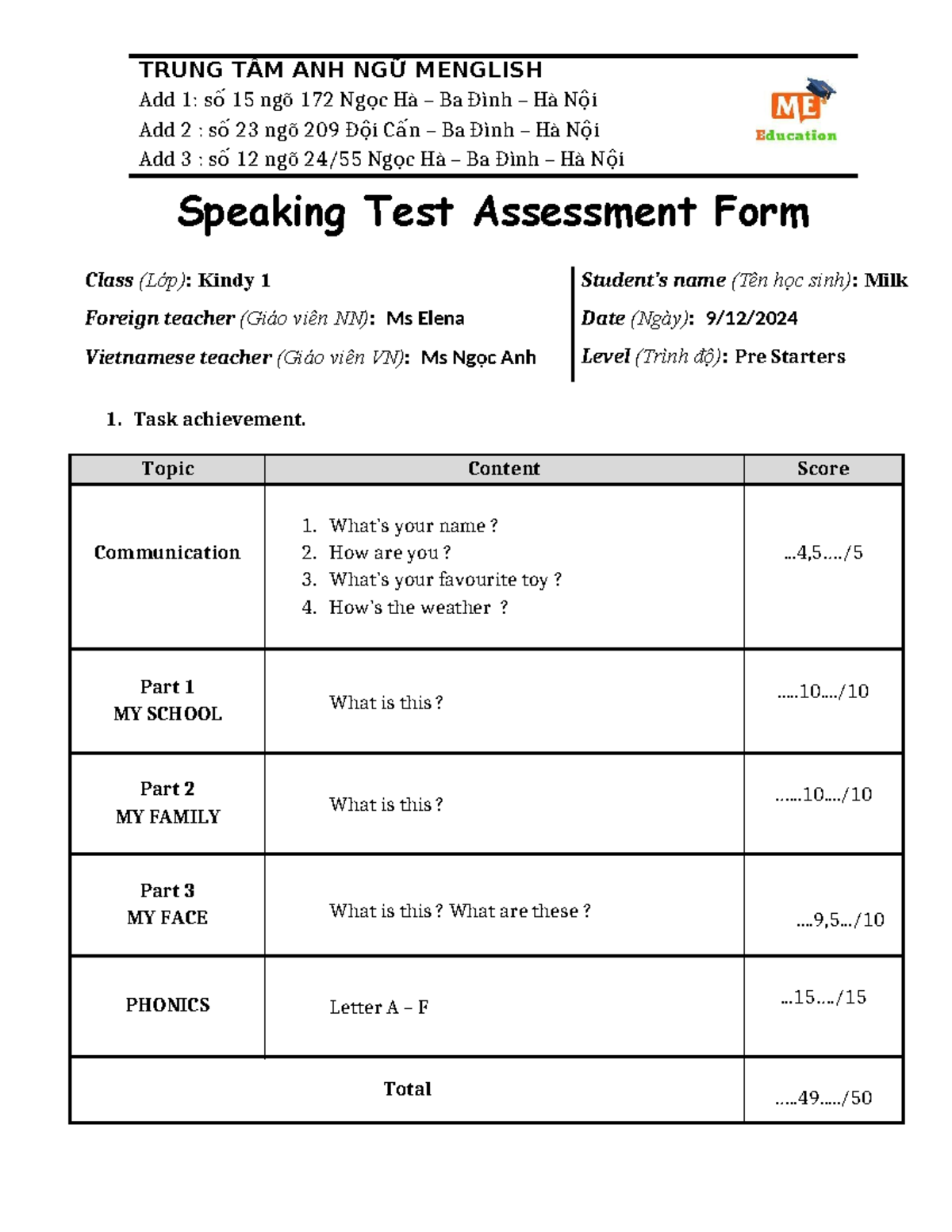 Kindy 1 Speaking Test Assessment Form for Student Milk - Studocu