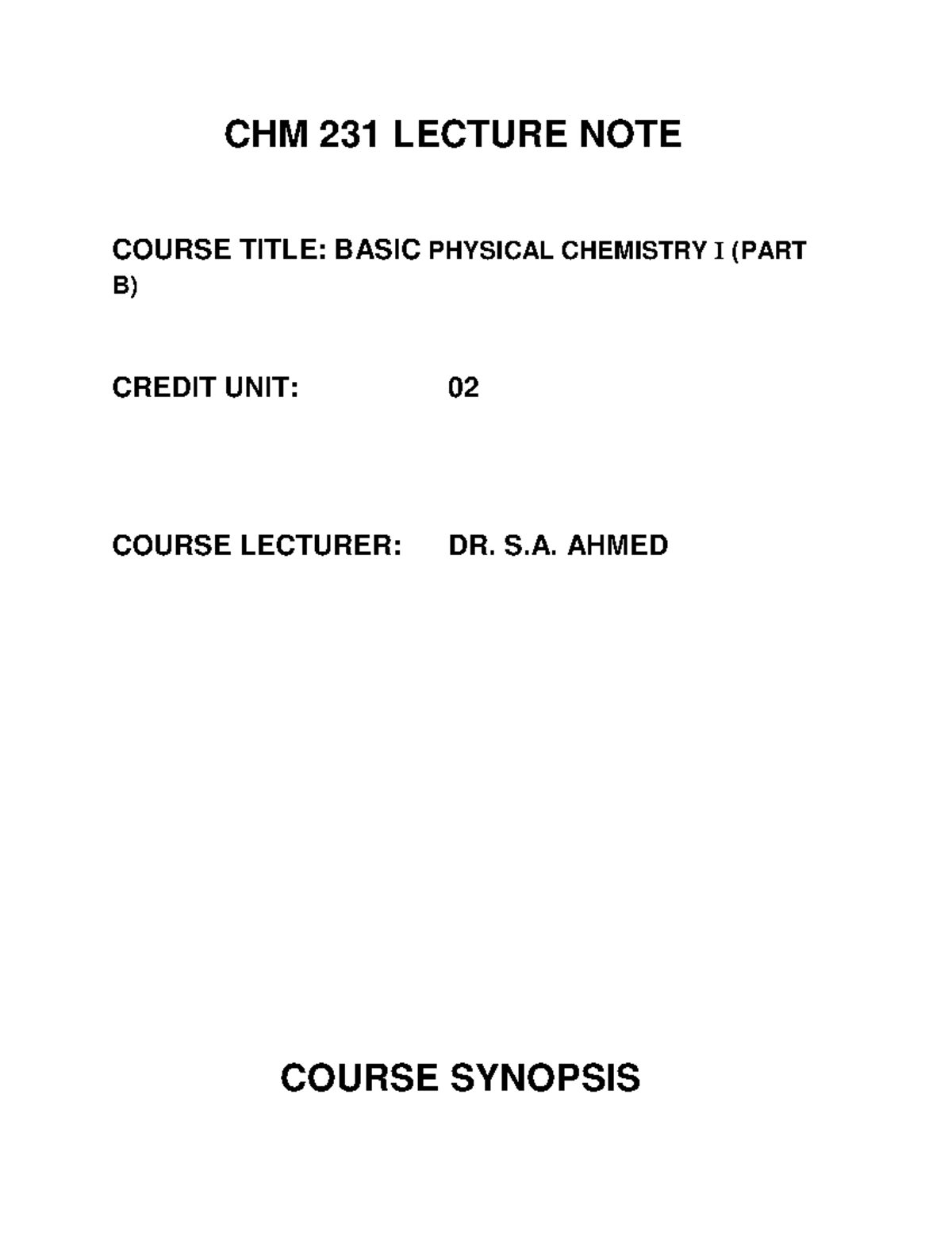 CHM 231 LECTURE NOTES: INTRODUCTION TO BASIC PHYSICAL CHEMISTRY - Studocu
