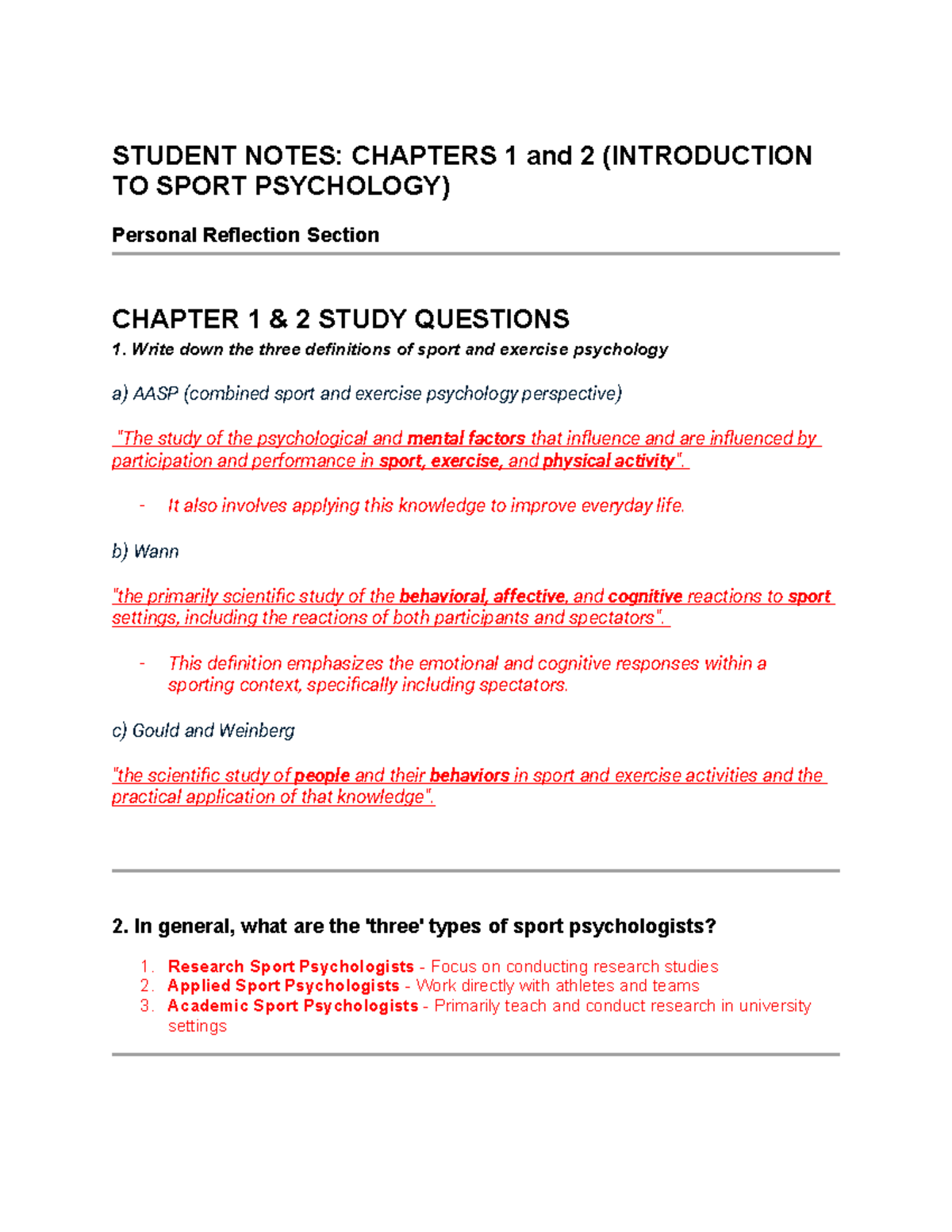 KINESIOLOGY 33: Study Guide for Chapters 1 and 2 in Sport Psychology ...