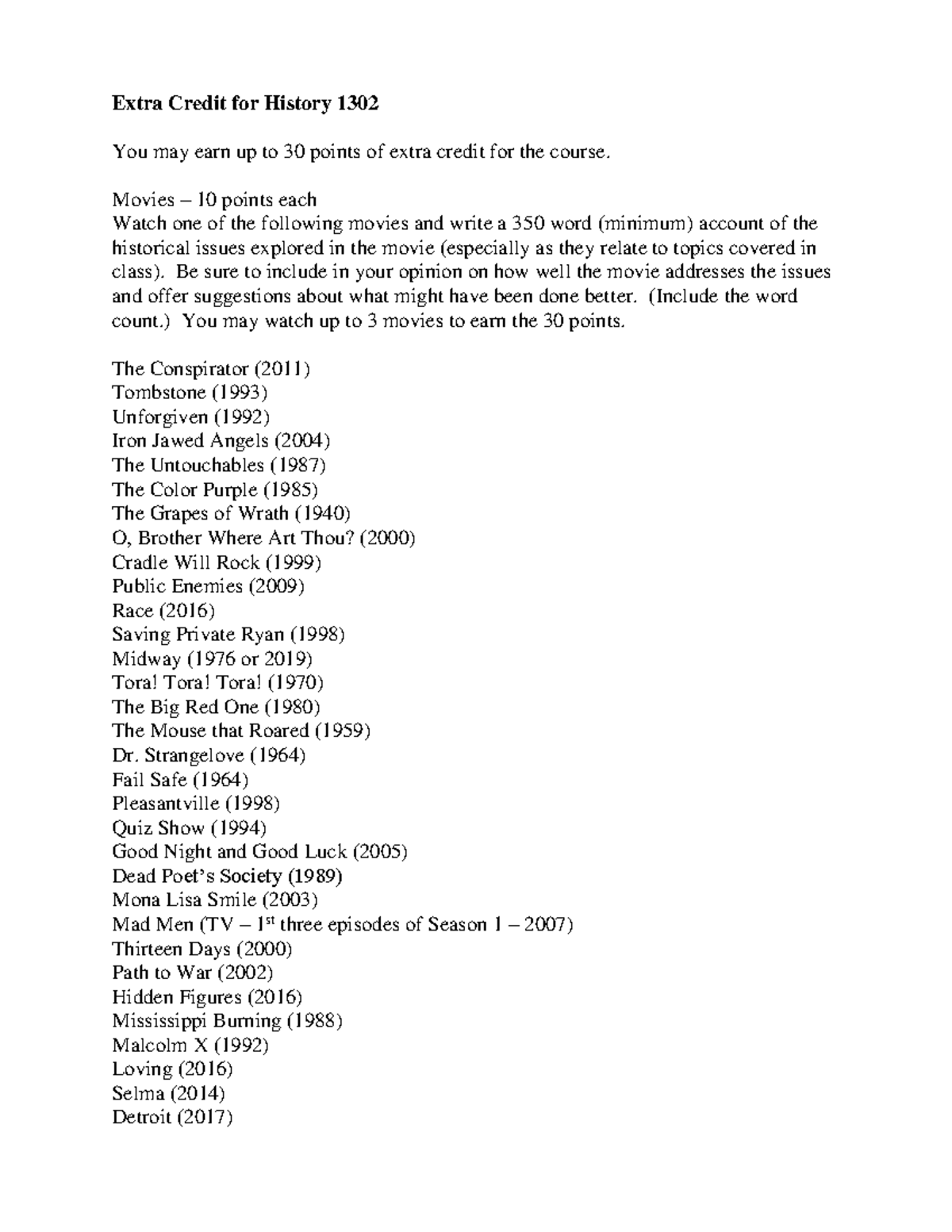 Extra Credit Assignment for History 1302: Movie Analysis Guidelines ...