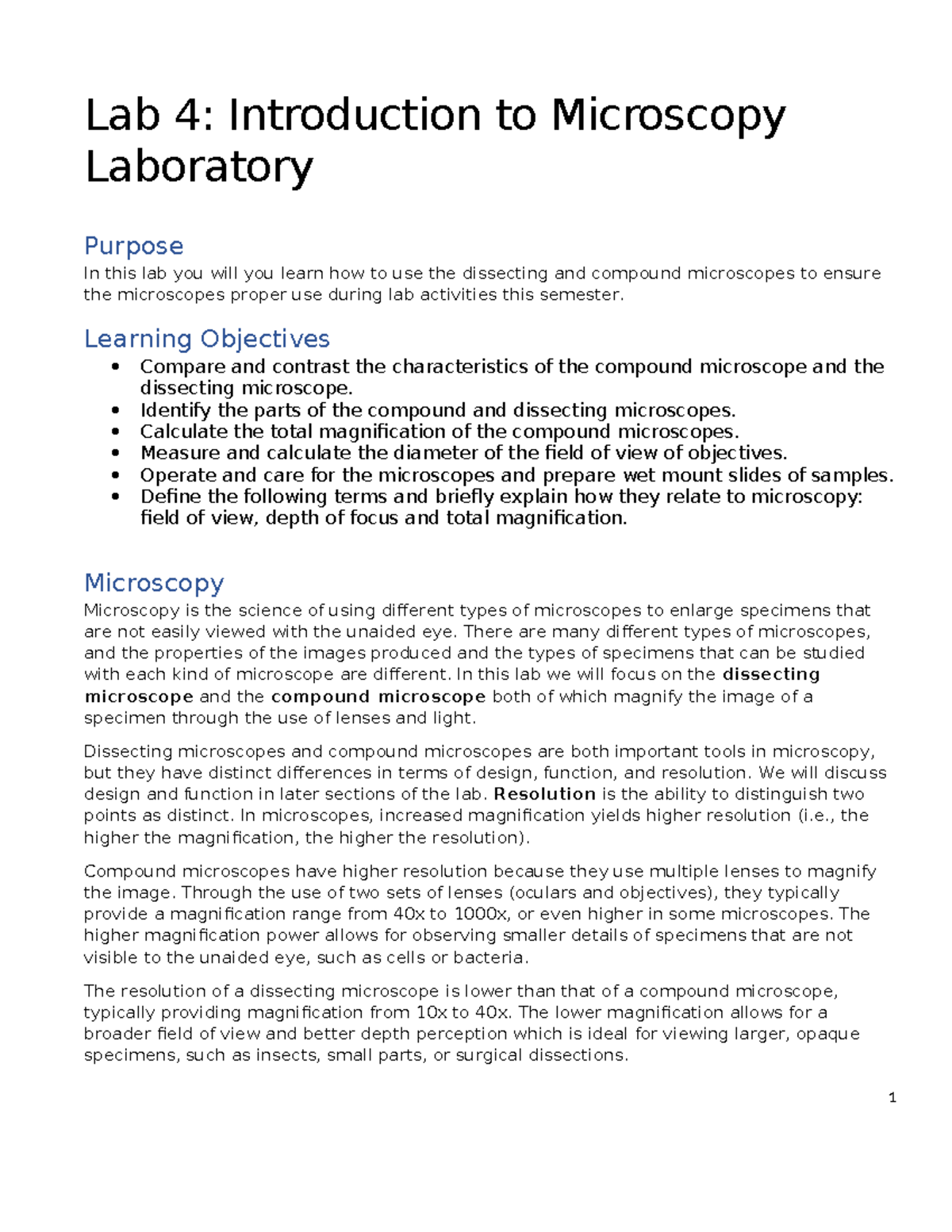Lab 4: Intro to Microscopy - Dissecting & Compound Microscopes - Studocu