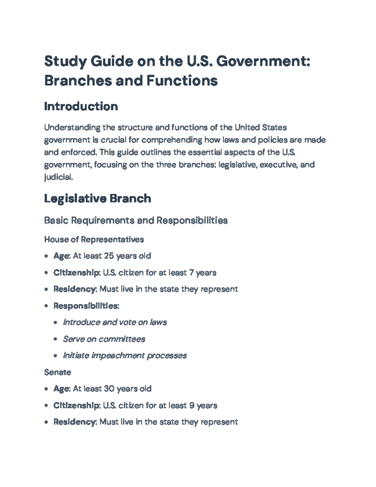Study Guide: Understanding the U.S. Government's Branches & Functions - Study Guide on the U ...