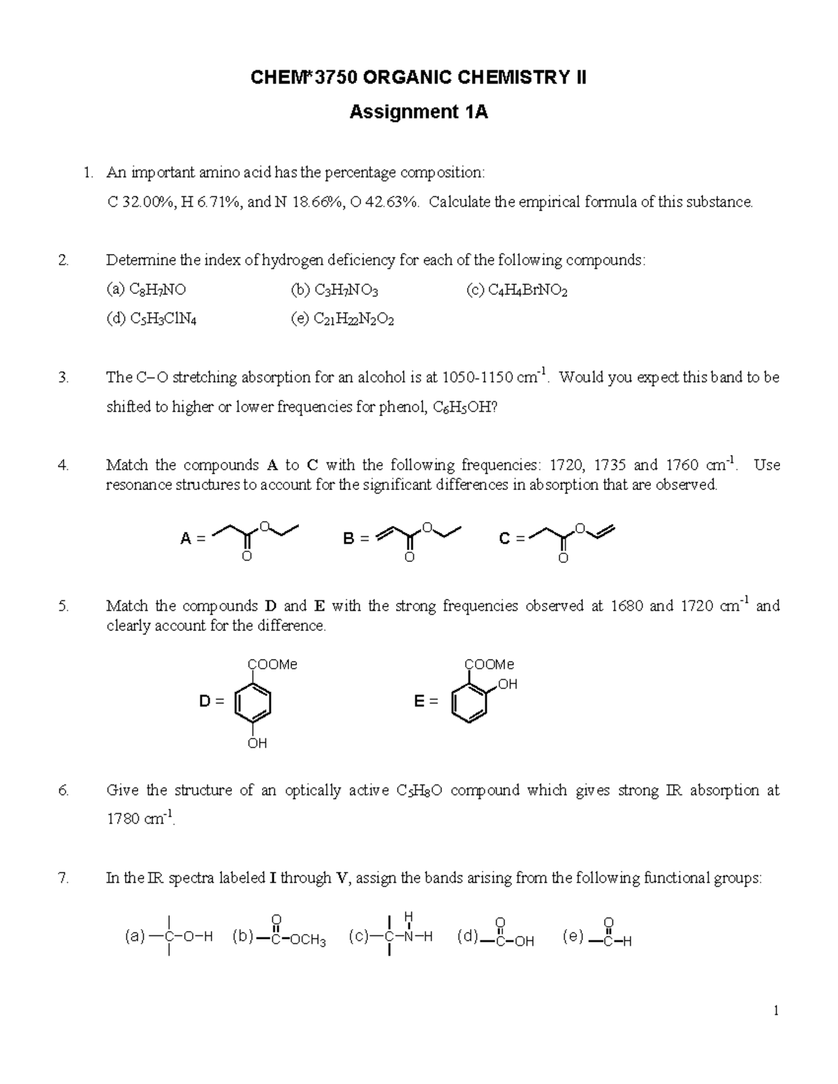 Organic Chemistry II Assignment 1A: IR & NMR Practice Questions - Studocu