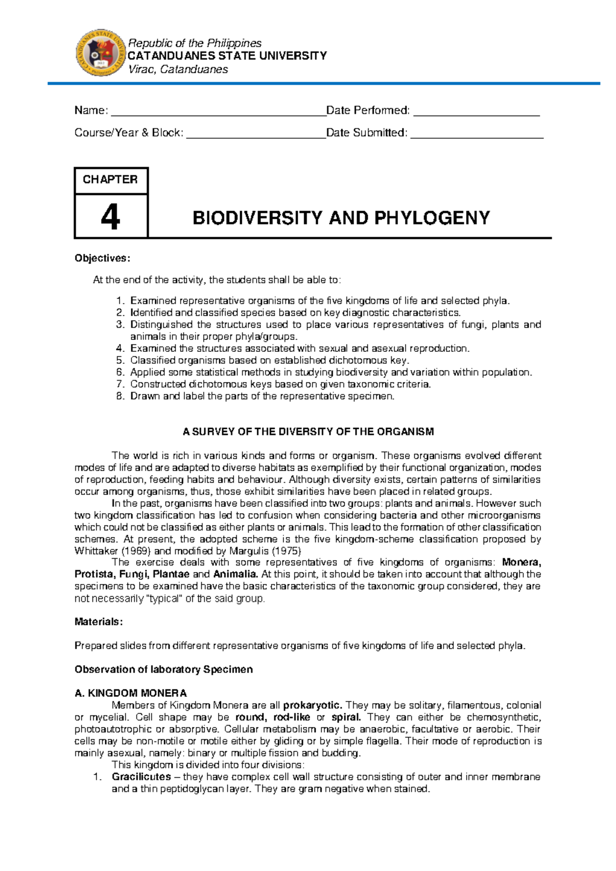 Chapter 4 Lab: Exploring Biodiversity in General Biology 2 (BIO 202 ...