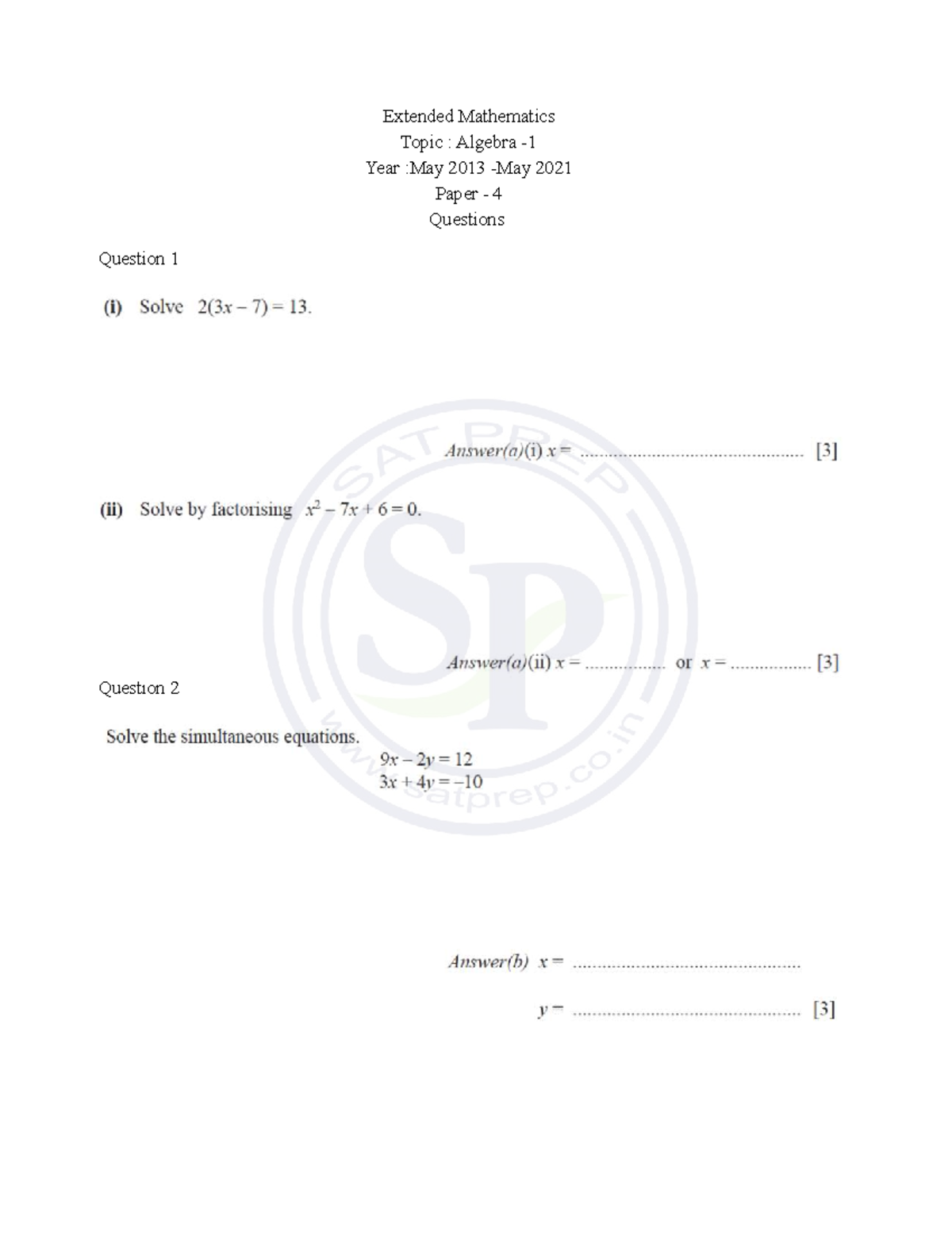 Igcse Extended Mathematics P4 Algebra Questions (2013-2021) - Studocu