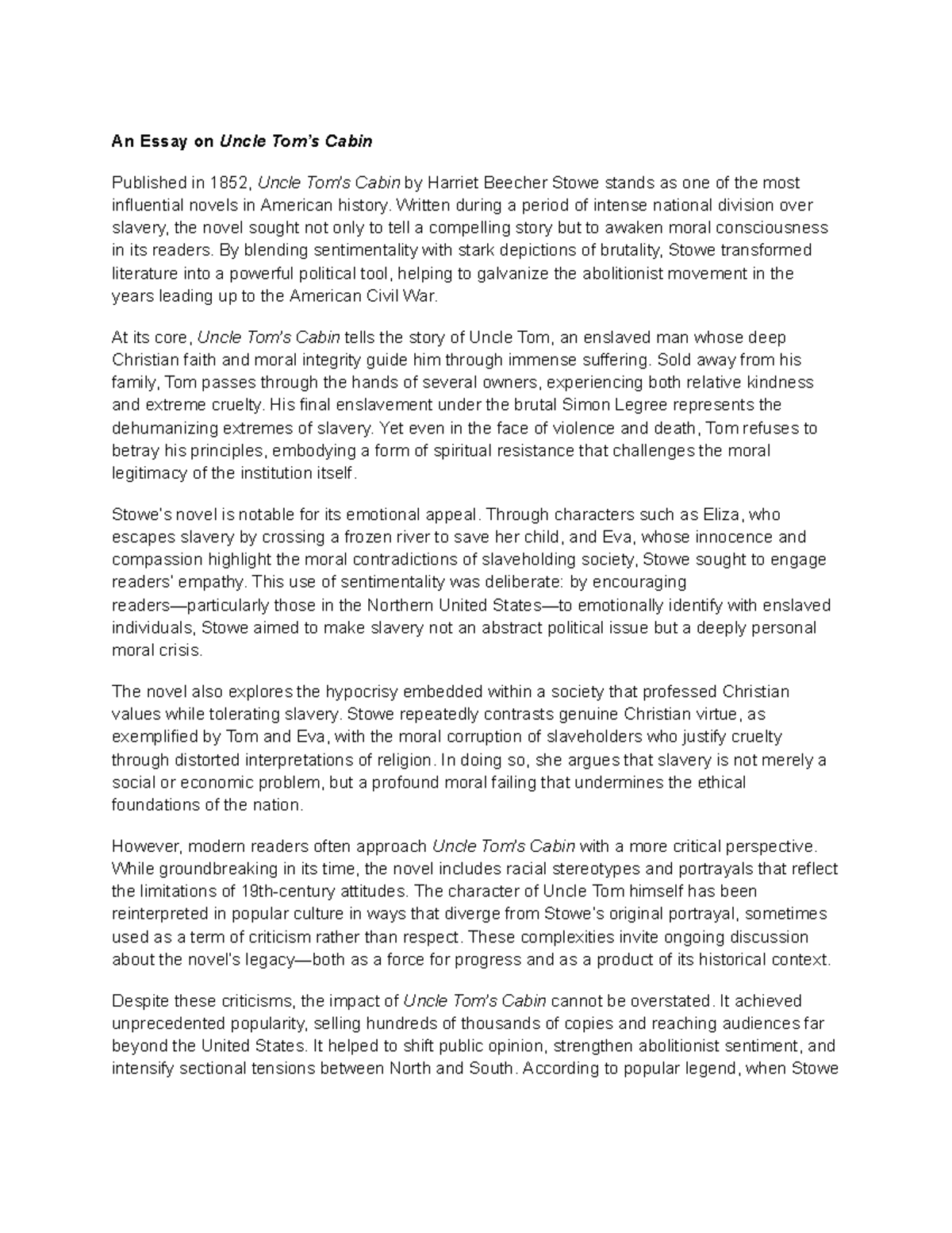 Essay on Uncle Tom's Cabin (ENG 101) - Impact on Abolitionism - Studocu