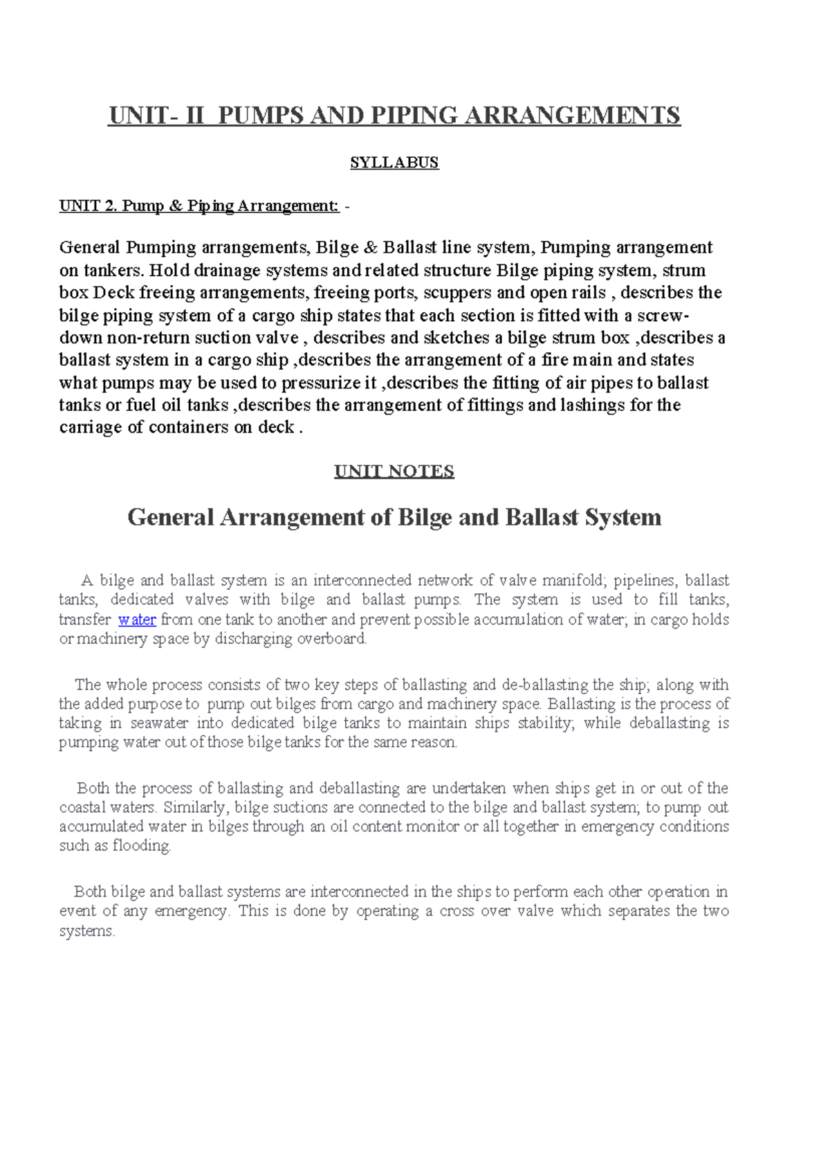 SHIP CONS II UNIT 2 NOTES: Pumps & Piping Systems Overview - Studocu