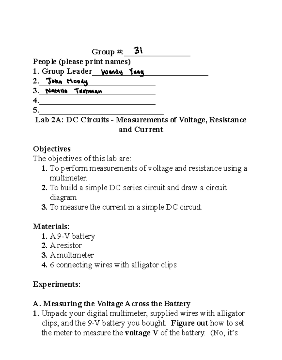 Lab 2A: DC Circuits - Voltage, Resistance, and Current Measurements ...
