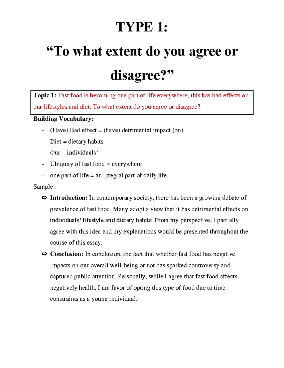 TYPE 1 Essay Notes: Agree or Disagree Topics Analysis - Studocu