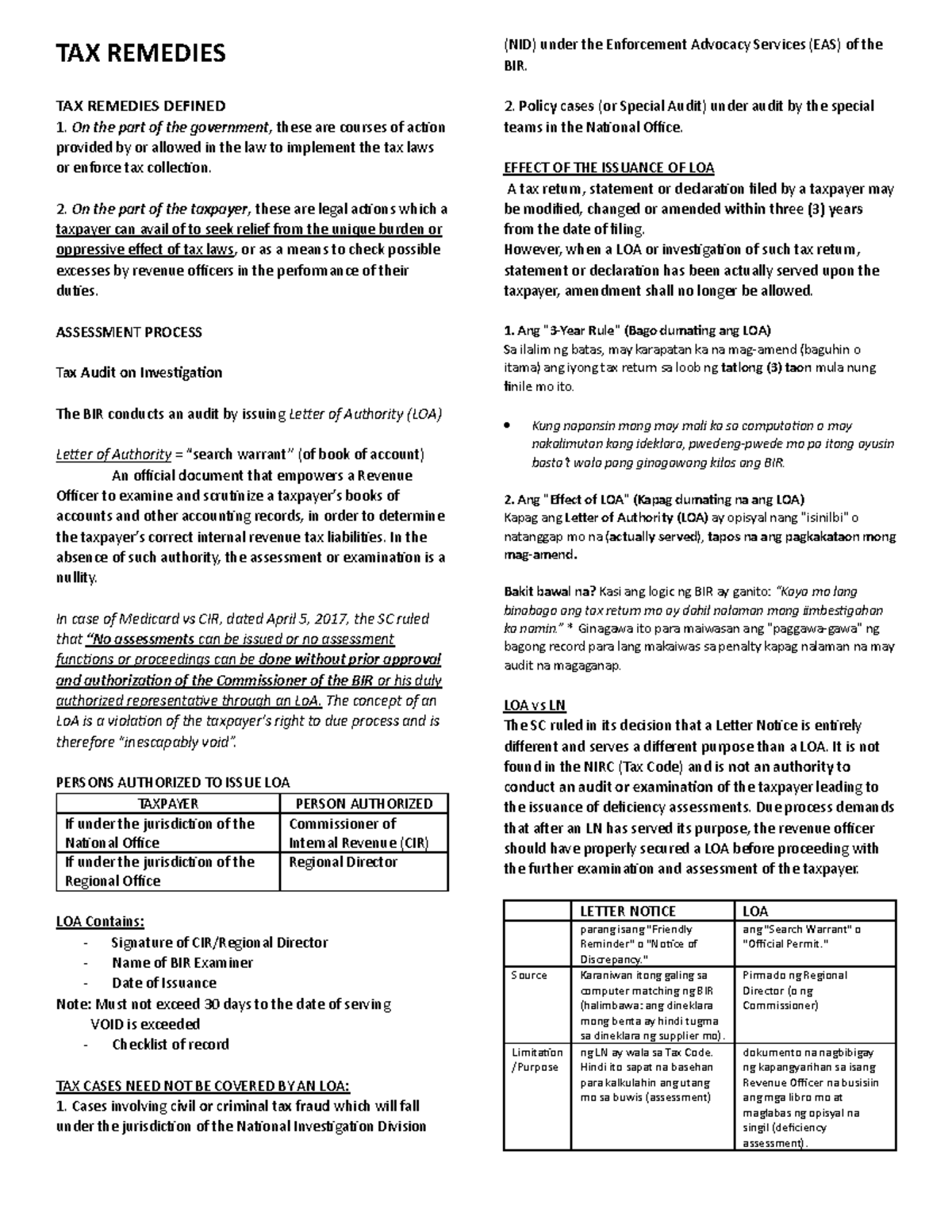 TAX Remedies (NID): Understanding LOA and Tax Audit Processes - Studocu