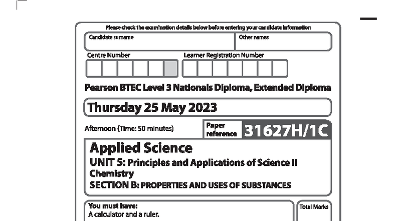 Chemistry Past Paper - BTEC Level 3 Applied Science UNIT 5 - Studocu