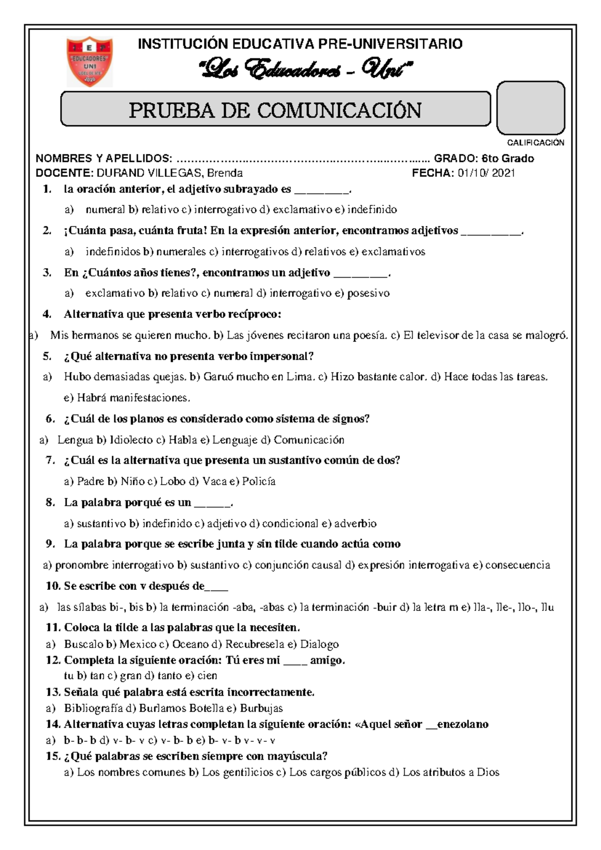 Examen de 6to grado - Comunicación - Comunicacion 1 - Studocu
