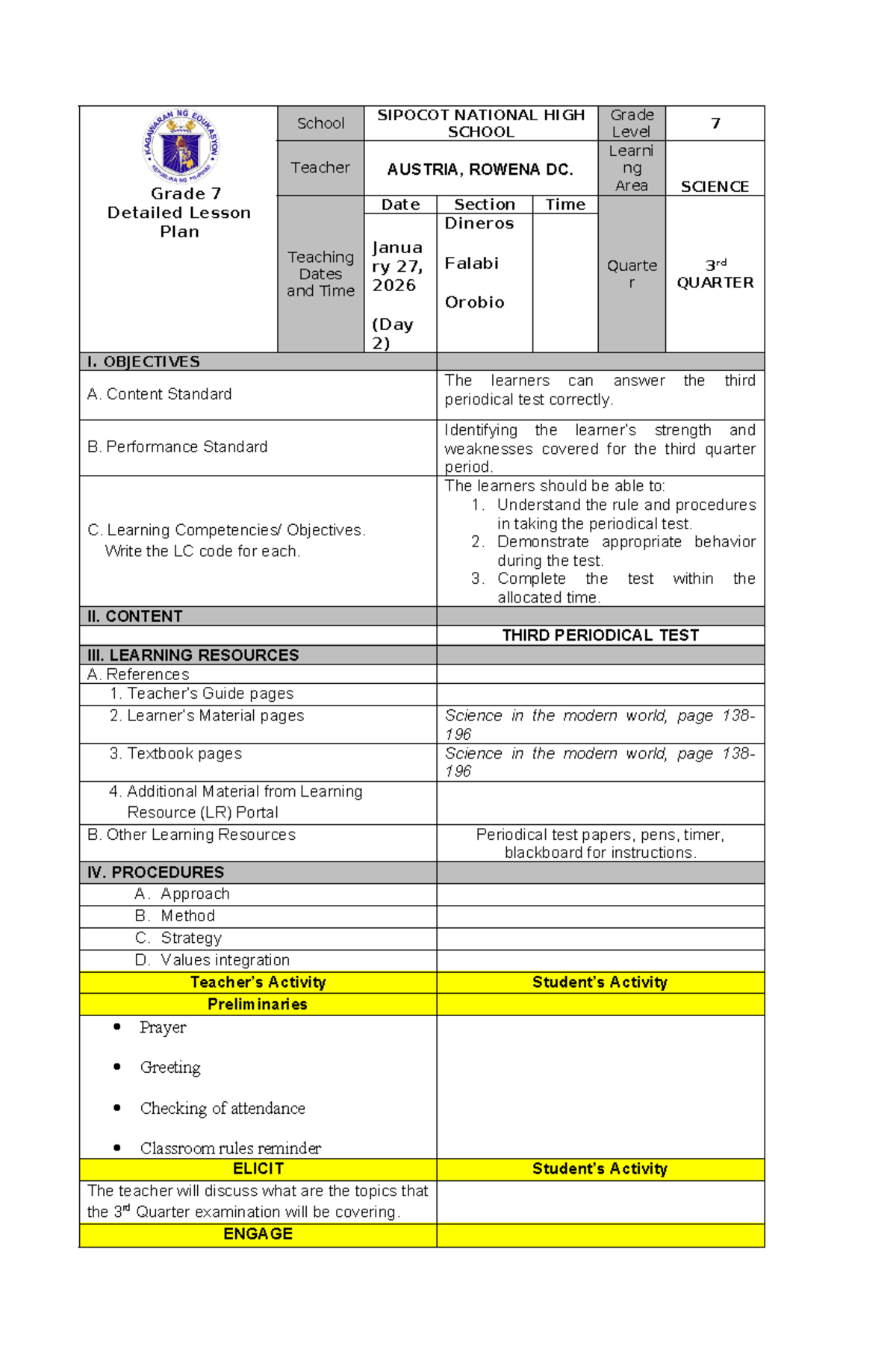Grade 7 Science 3rd Quarter Periodical Test Lesson Plan - Studocu