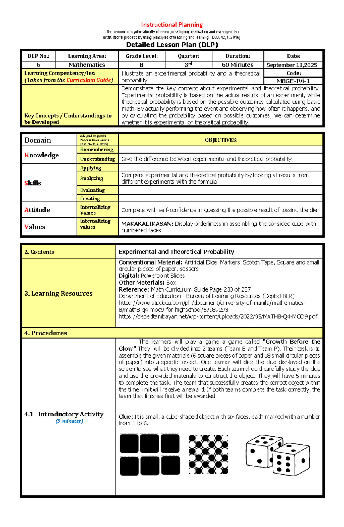 DLP 6 Mathematics: Experimental vs. Theoretical Probability Lesson Plan ...