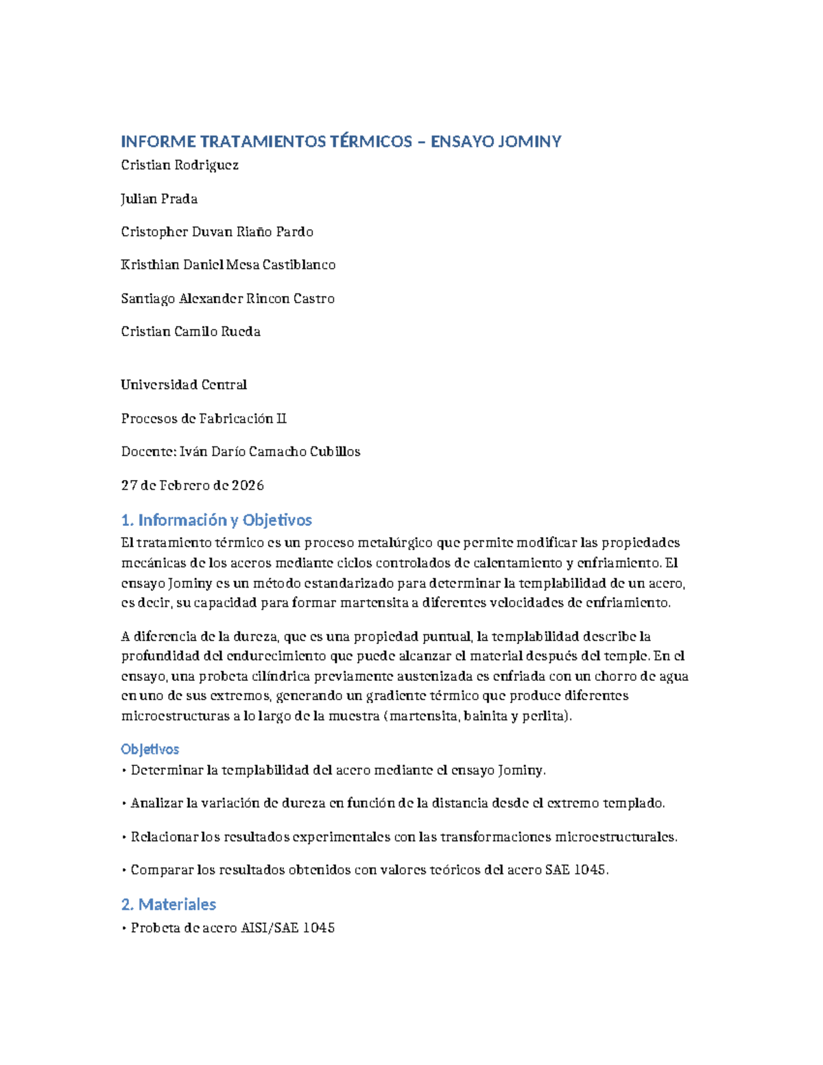 Informe Jominy Completo: Tratamiento Térmico Acero SAE 1045 - Studocu