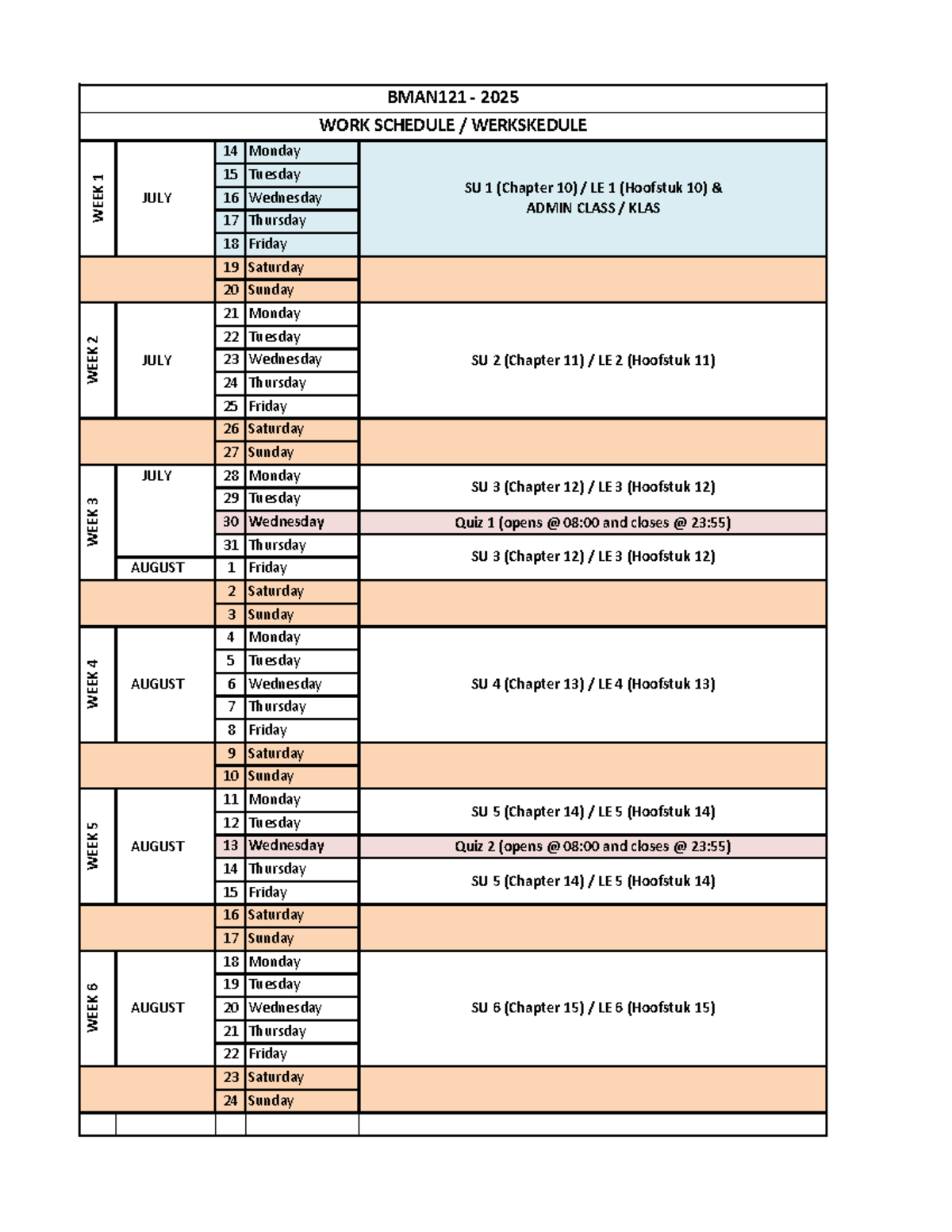 BMAN121 2025 Work Schedule: July to October Overview - Studocu