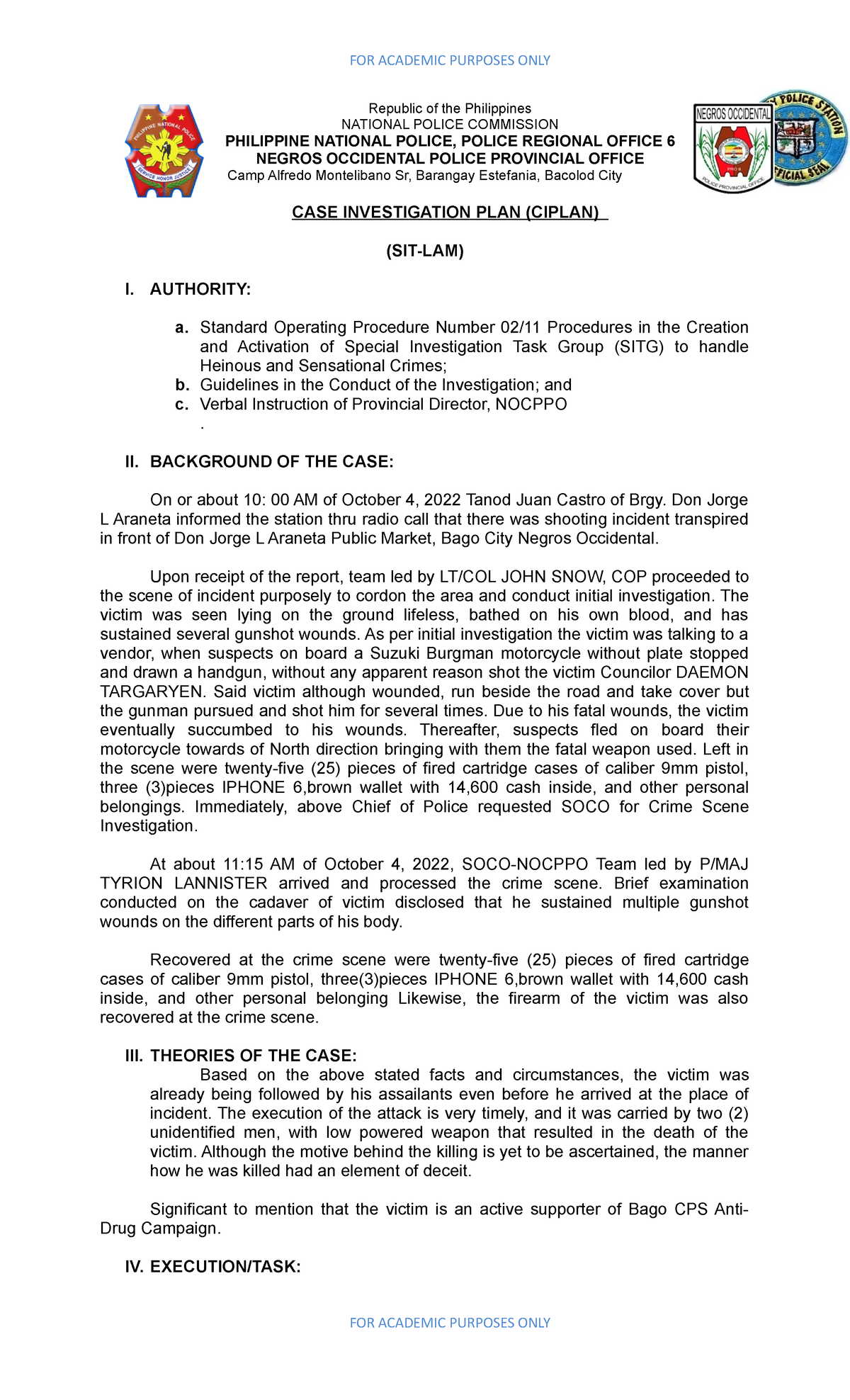 Case Investigation Plan (CIPLAN) for Councilor Daemon Targaryen's ...