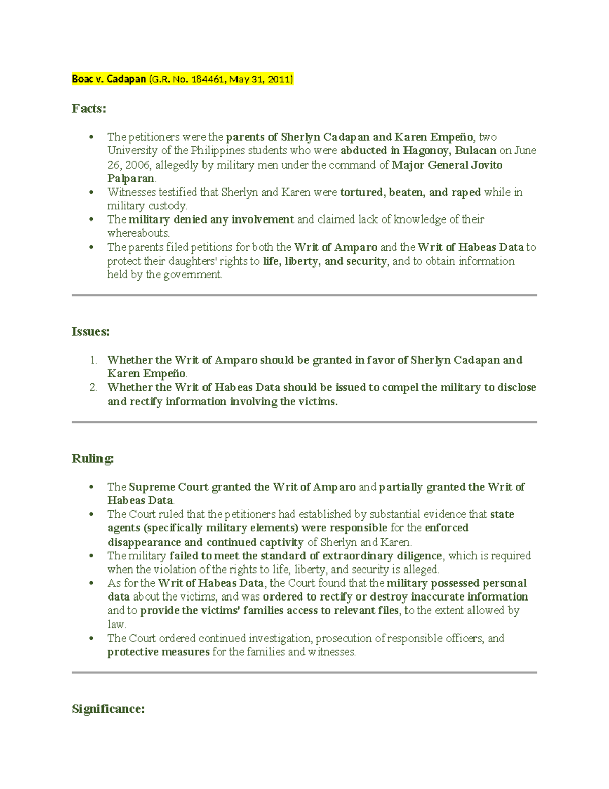 Boac v. Cadapan (G.R. No. 184461) Case Summary & Ruling Analysis - Studocu