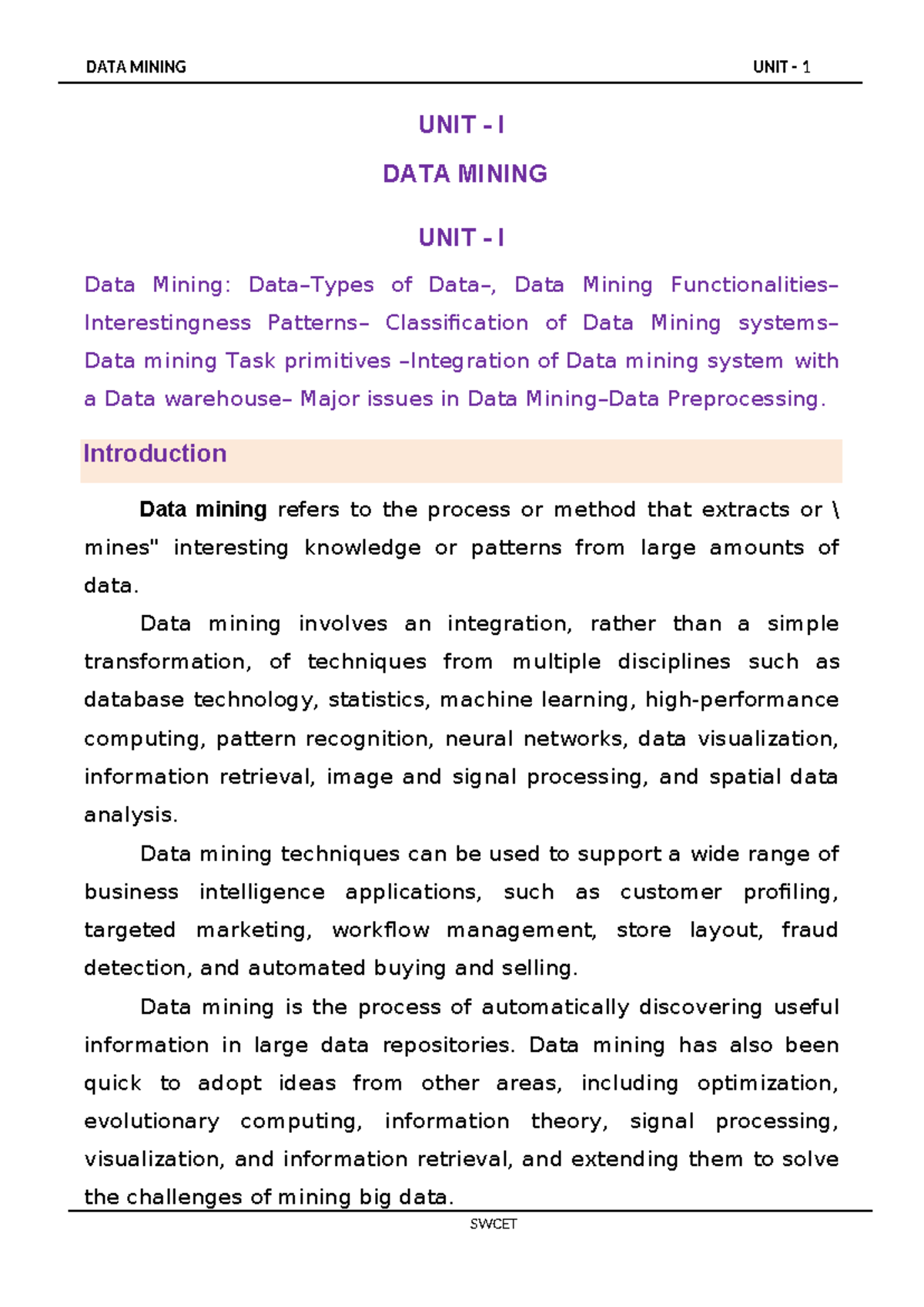Data Mining Concepts and Techniques - Unit 1 Overview - Studocu