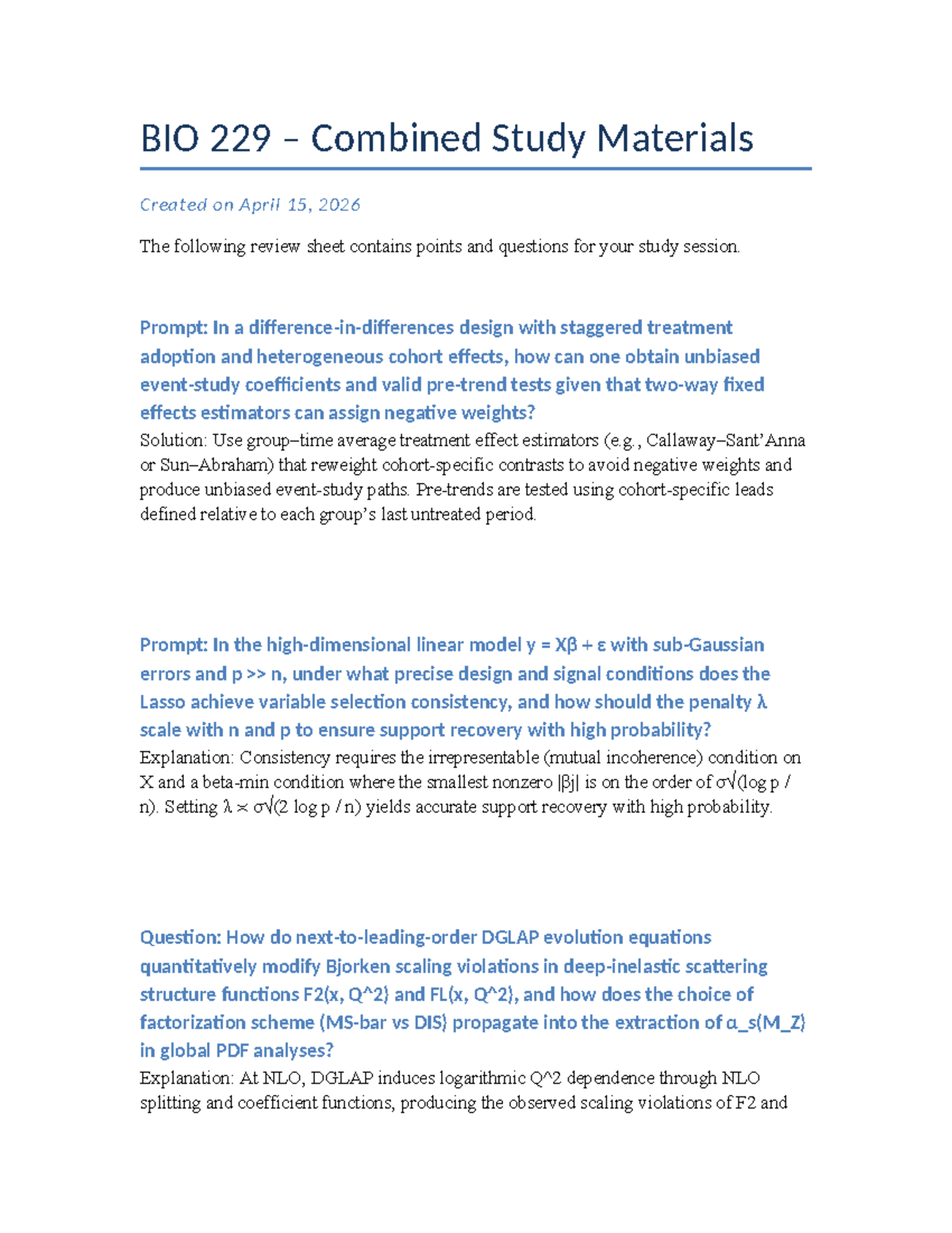 BIO 229 Comprehensive Study Guide for Advanced Econometrics - Studocu