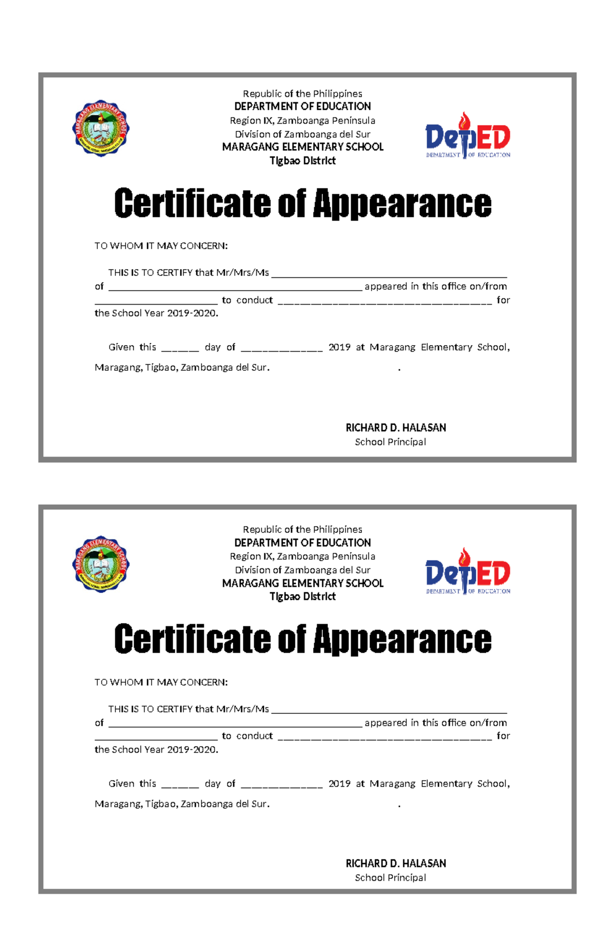 Certificate of Appearance - Maragang Elementary School - Studocu