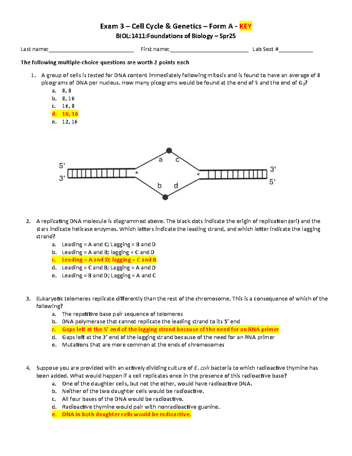 Exam 3 Key: Cell Cycle & Genetics MC Questions BIOL:1411 Spr25 - Studocu