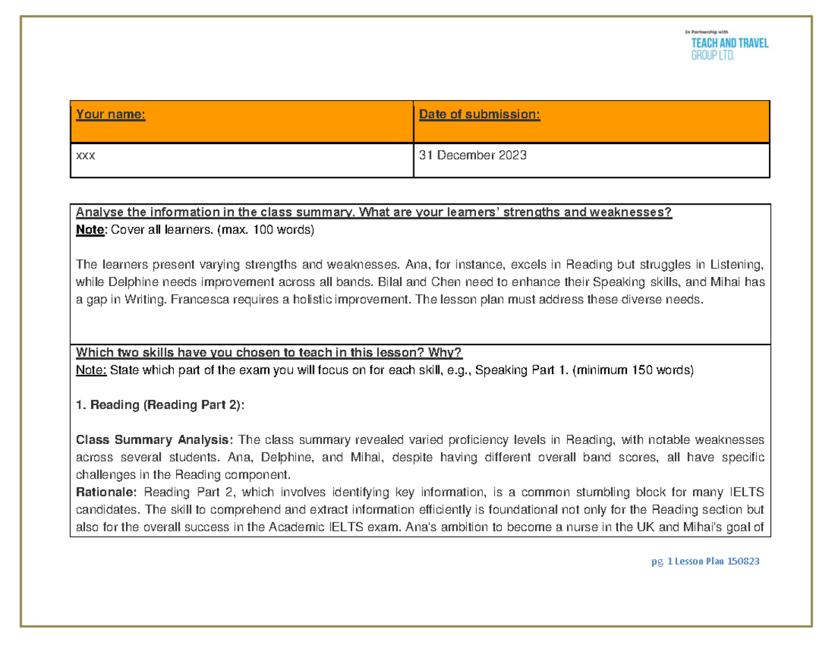 Module 6, Assignment: IELTS Lesson Plan for Reading & Speaking Skills ...